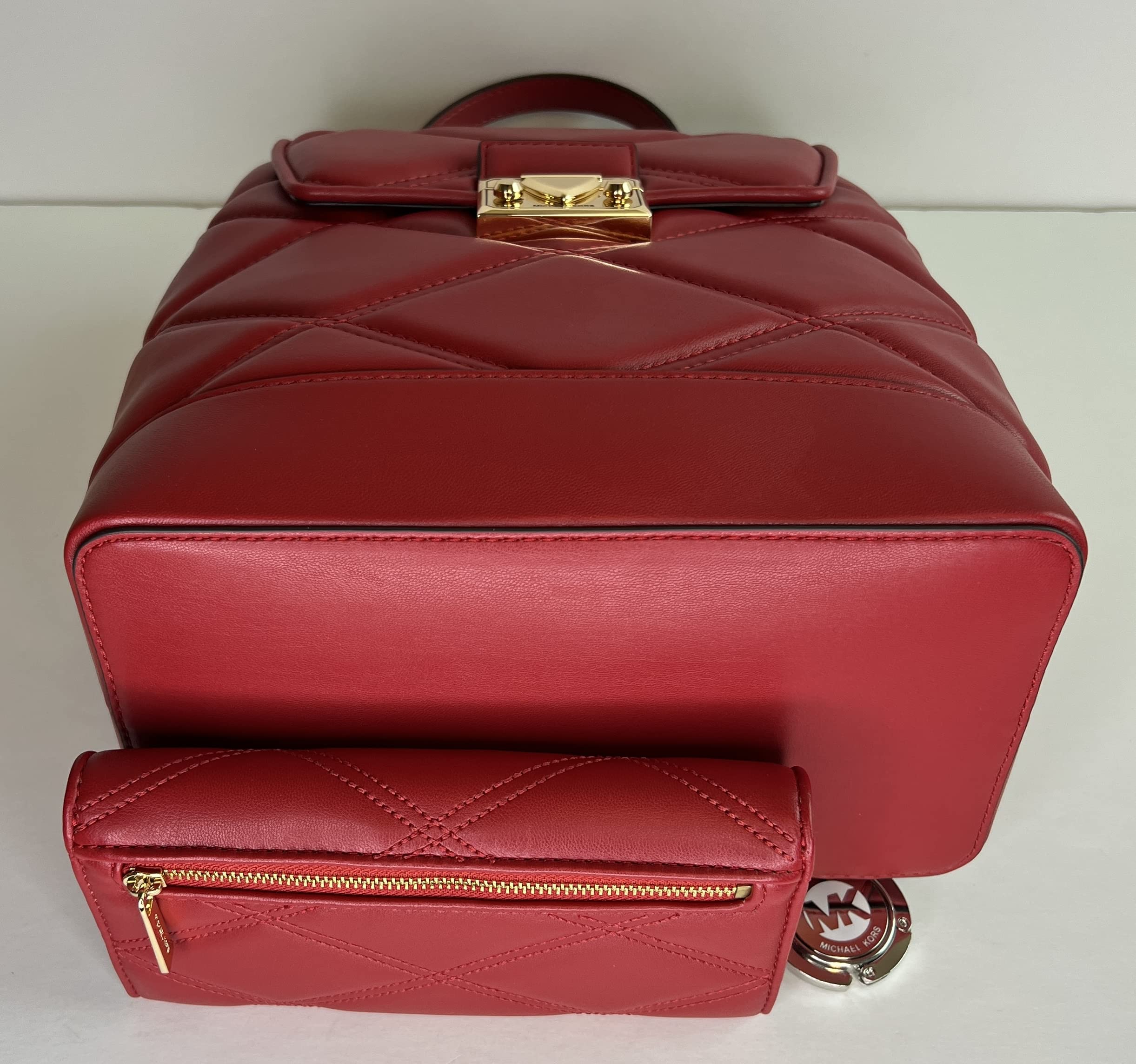 Michael Kors Serena MD Flap Backpack bundled with Trifold Wallet and Purse Hook (Chili)