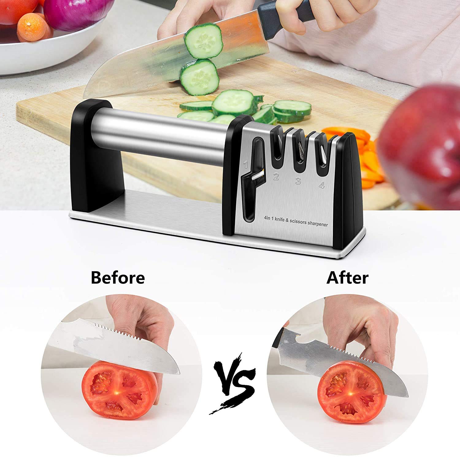 Knife Sharpeners, 4 in 1 Kitchen Blade and Scissors Sharpening Tool, Powerful Professional Chef's Kitchen Knife Accessories, Manual Knife Sharpener Kitchen