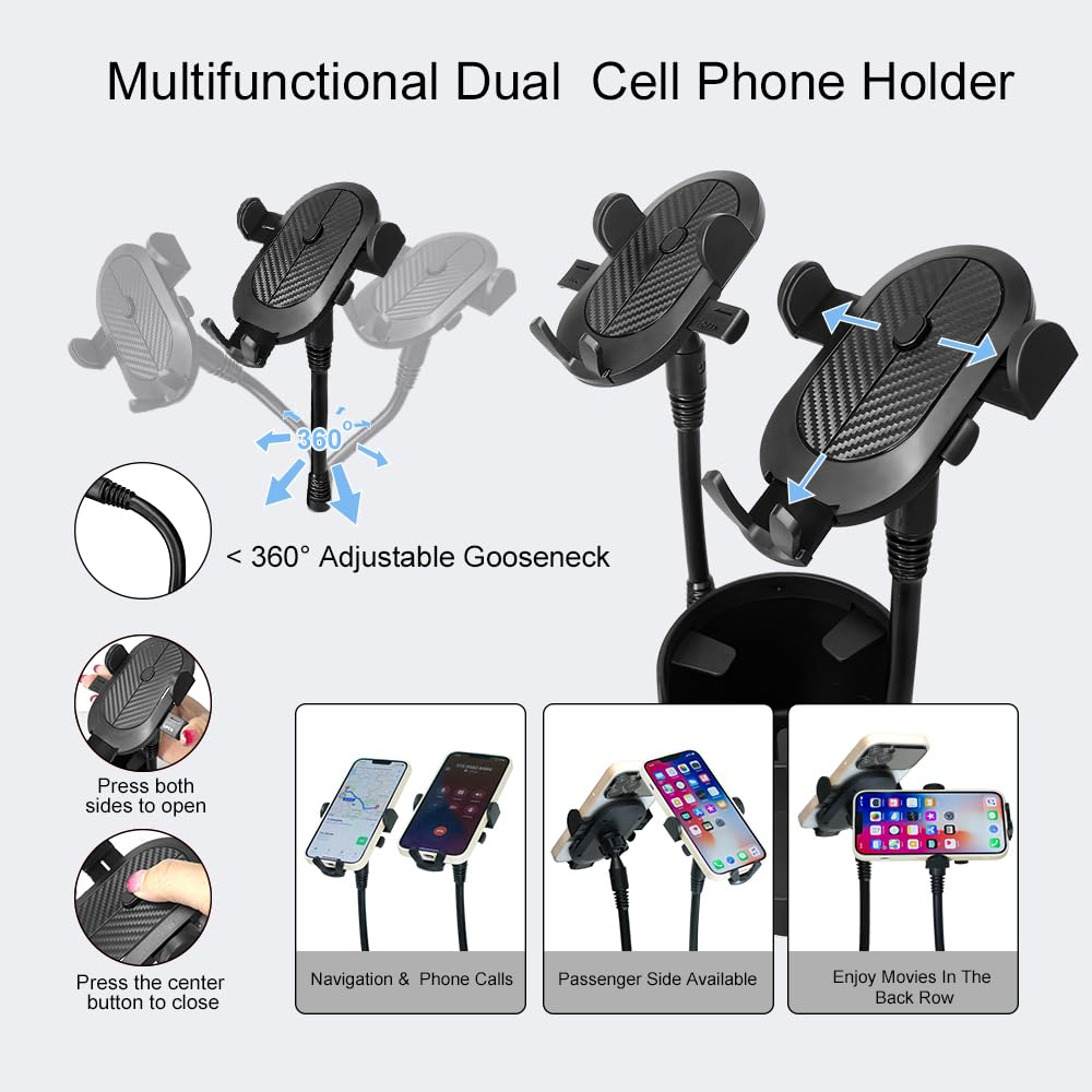 JINKEY Dual Cup Phone Holder for Car, 360°Rotatable Car Phone Mount Adjustable Gooseneck Cell Phone Cup Holder Universal Fits for Most 4"-6.7" i-Phone Cell Phone Automobile Cradles