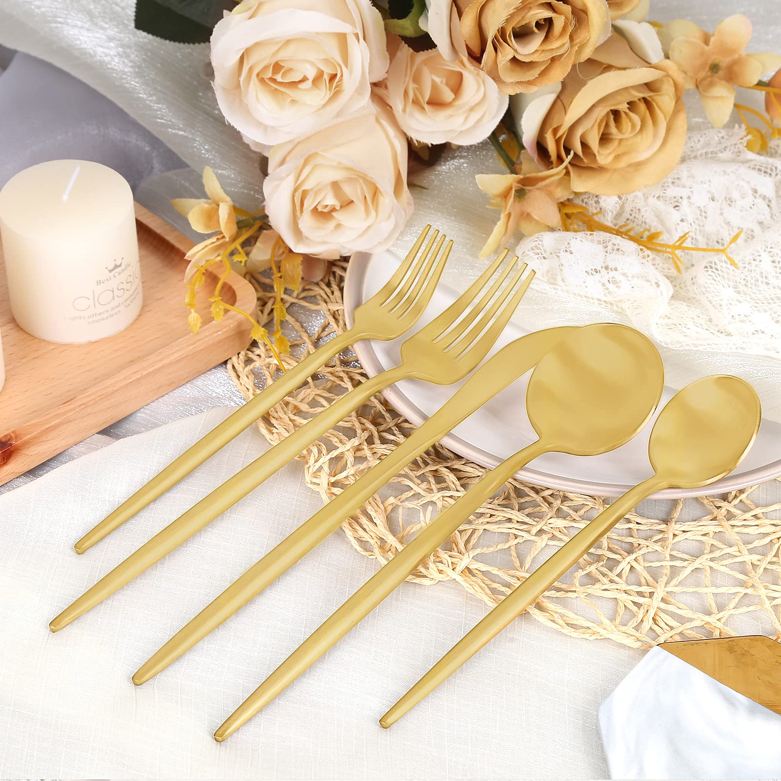 Matte Gold Silverware Set 30 Pieces, FAMEWARE Stainless Steel Flatware Set,Service for 6,Kitchen Utensil Set, Tableware Cutlery Set, Satin Finished Polished & Dishwasher Safe