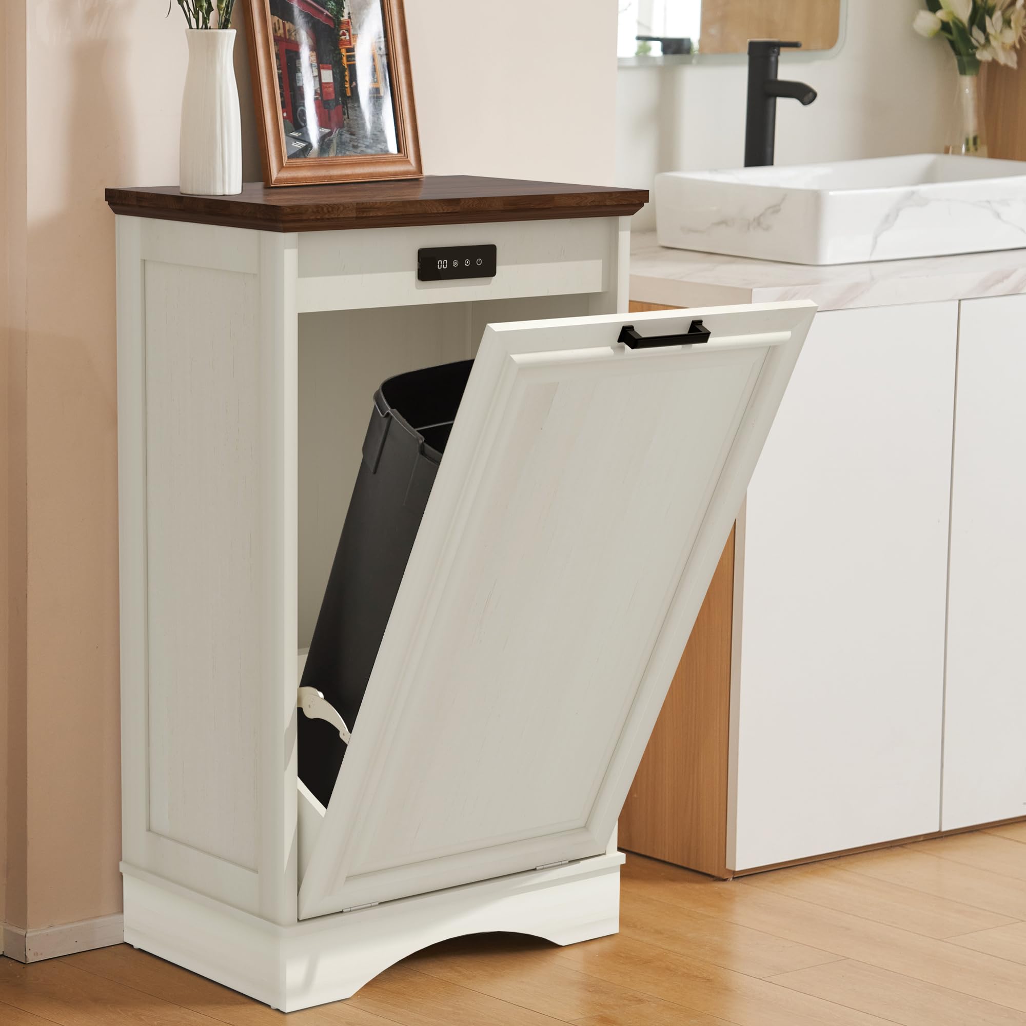 Spurgehom 13 Gallon Tilt Out Trash Cabinet Kitchen Waste Bins, Tilt-Out Laundry Sorter Cabinet with Deodorizing Function for Kitchen Living Room, Antique White