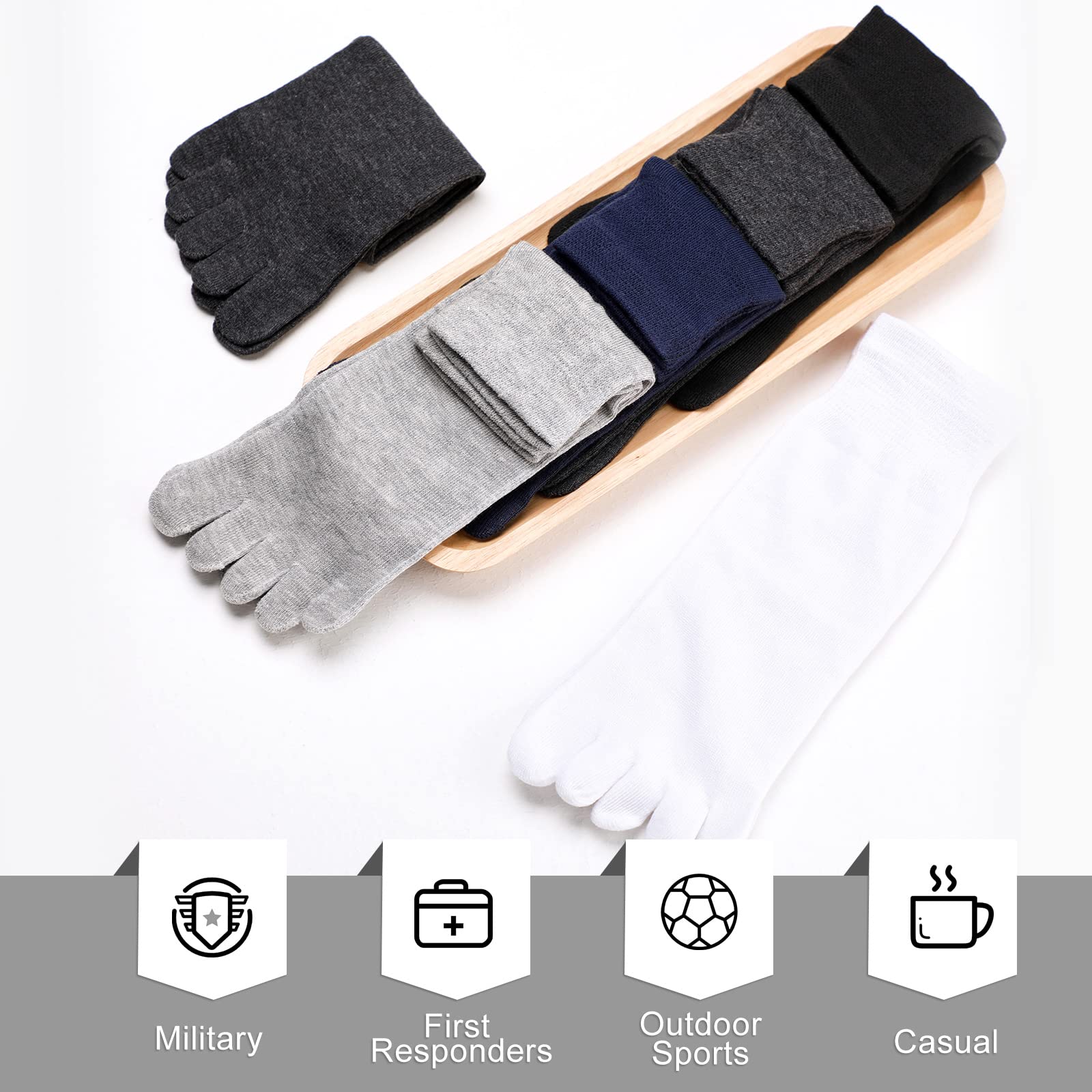 Kenning 15 Pairs Five Toe Socks Mens Polyester Cotton Crew Running Liner Athletic Finger for Winter Activities Hiking Yoga, 5 Colors, Black, Light Grey, Dark Navy Blue and White, One Size