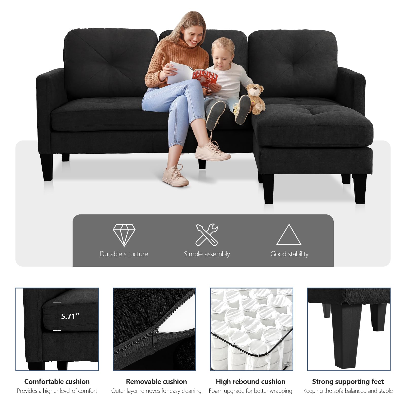 TOBYUL L-Shaped Couch with Reversible Chaise,Convertible Sectional Sofa Couch,Modular Couch Set,Living Room Furniture Sets,Couches for Living Room Apartment and Small Space (Black)