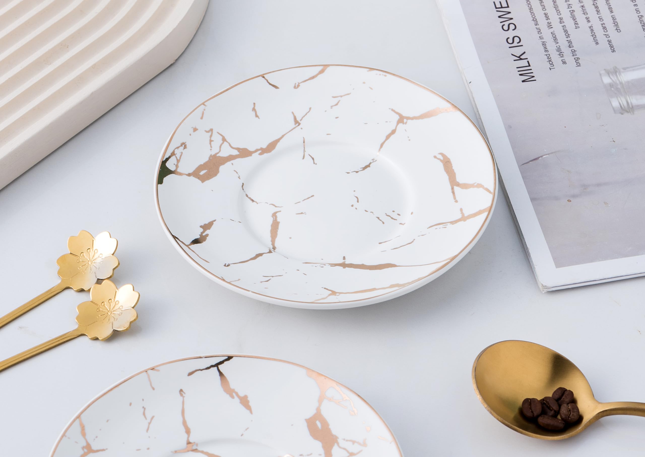 Jusalpha Serve of 4- Hand Printed Golden Matte Ceramic Marble Tea Coffee/Tea Cups with Spoons and Cup Holder, 7OZ -TCS26 (White/Gold, Serve of 4)