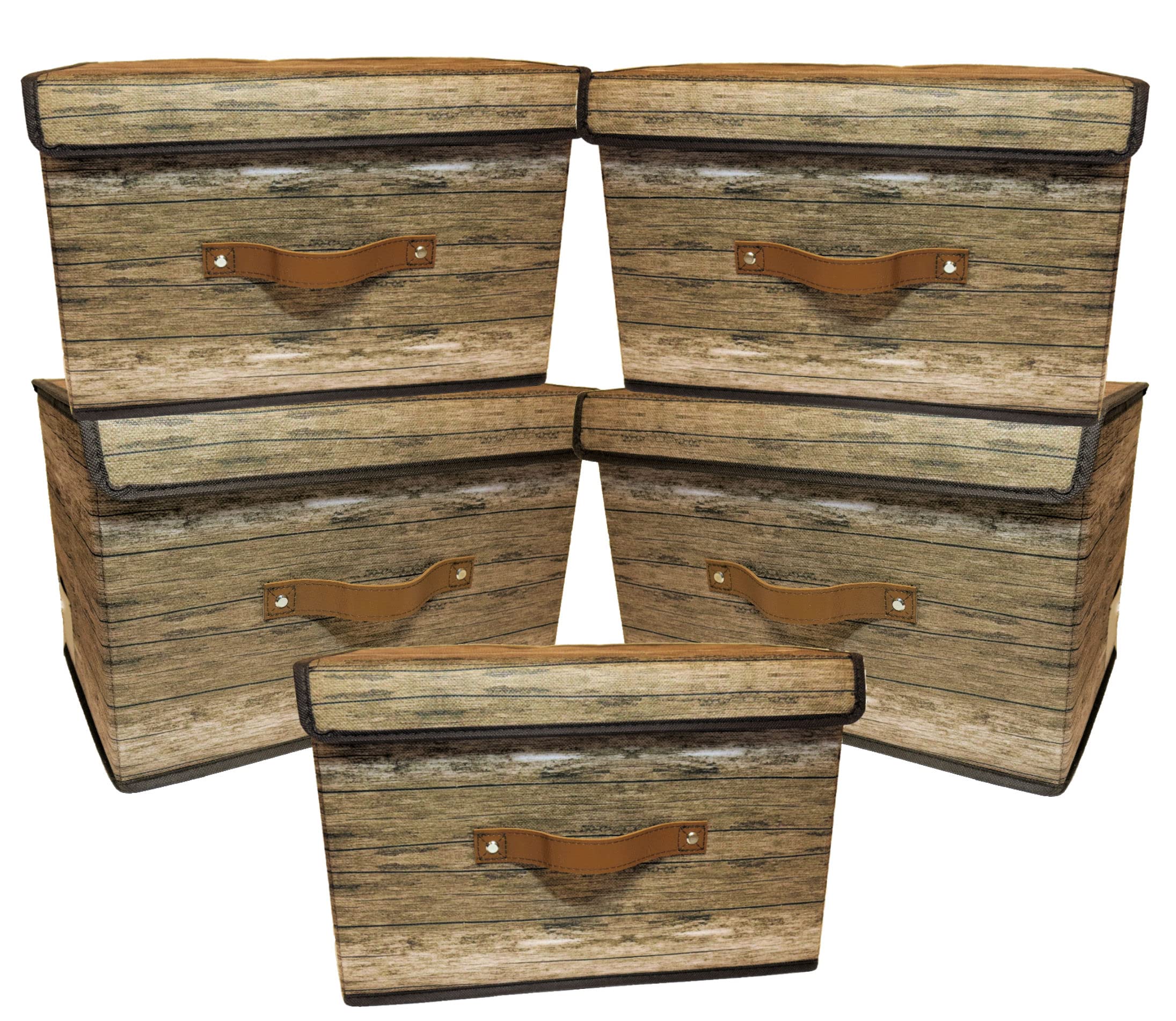 KaleaBoutique KB Foldable Storage Bins with Lids Fabric Collapsible Stacking Boxes, Closet Organizers Storage, Laundry Room Bins, Office Home Storage Bins (Set of 5 Bins, Reclaimed Wood)