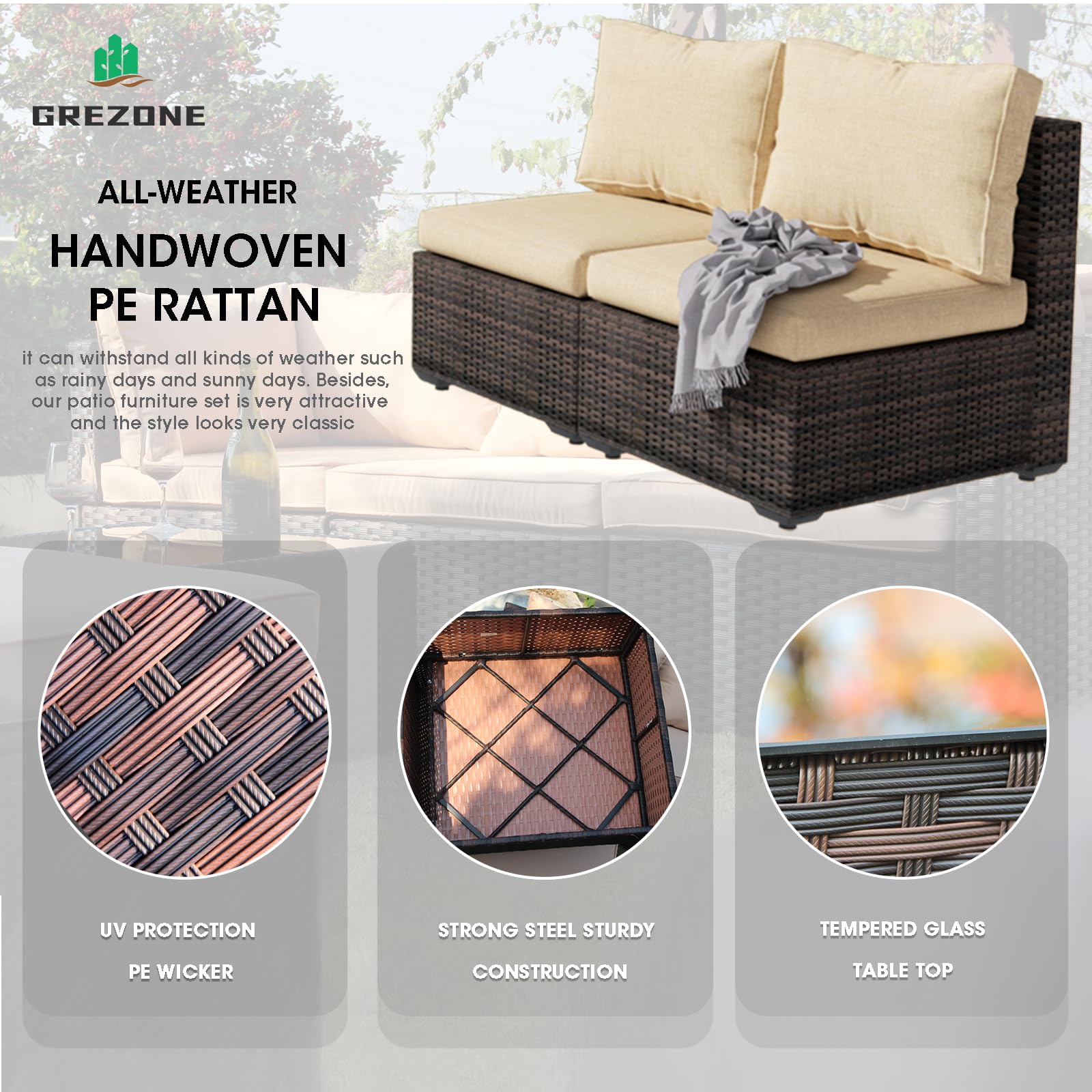Grezone Patio Furniture Sets 6 Pieces Patio Sectional Outdoor Furniture Patio Sofa Chairs Set All Weather PE Rattan Wicker Couch Conversation Set with Thickened Cushions & Coffee Table