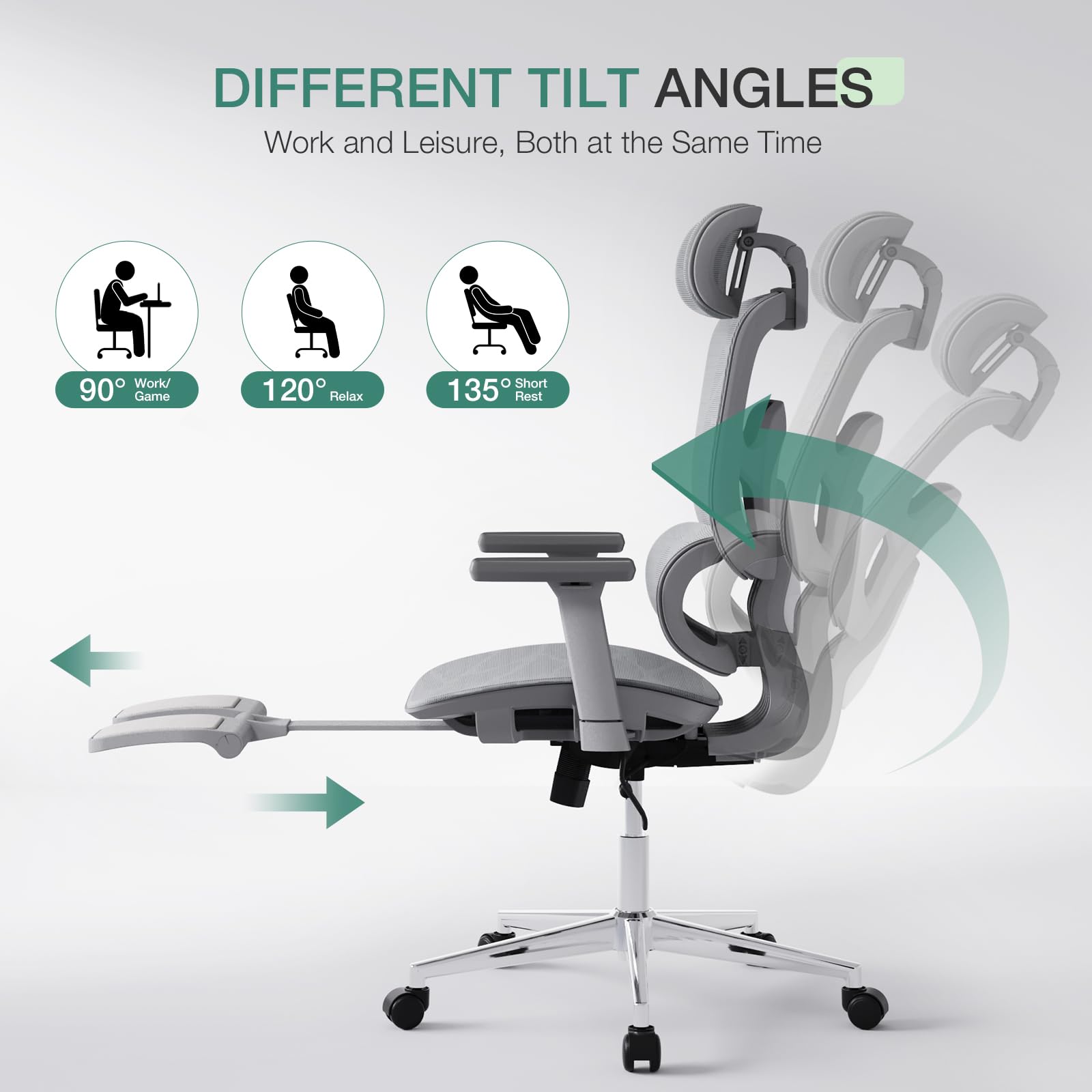 Novilla Ergonomic Office Chair, Adjustable Headrest with 3D Armrest, Office Chair with Adjustable Lumbar Support, Retractable Footrest, Mesh Office Chair High Back Gaming Chair, Grey