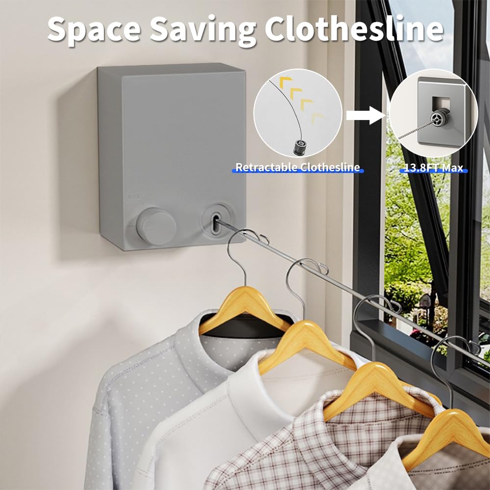 Retractable Clothesline, Indoor Outdoor Clothes Line, Heavy Duty Clothes Drying Laundry Line with 13.8 Ft Steel Wire, Retractable Indoor Clothes Lines for Drying, Hanging for Bathroom, Balcony, Hotel