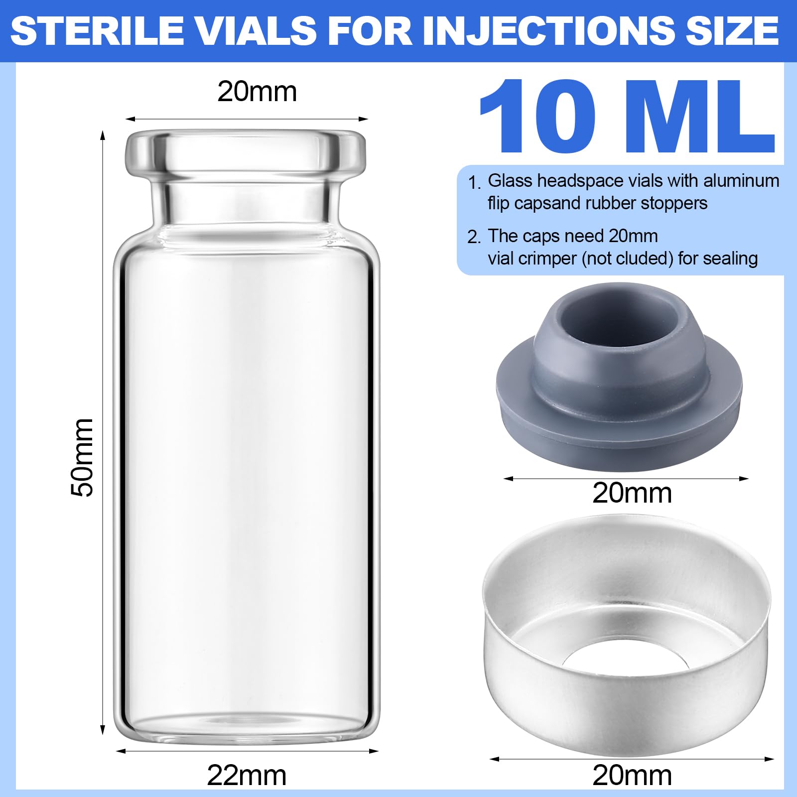 Potchen 100 Pack Sterile Vials For Injections Glass Empty Bottle Bulks Lab Sample Vial With Aluminum Flip Caps And Rubber Stoppers Glass Vials with Injection Port(10 ml)