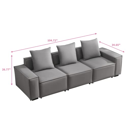 Mixoy Luxury 105" Upholstered Modular Sectional Sofa, 3-Seater Modern Leathaire Minimalist Sofa Couch with 3 Pillows & Super Size Deep Seat, (Light Grey)