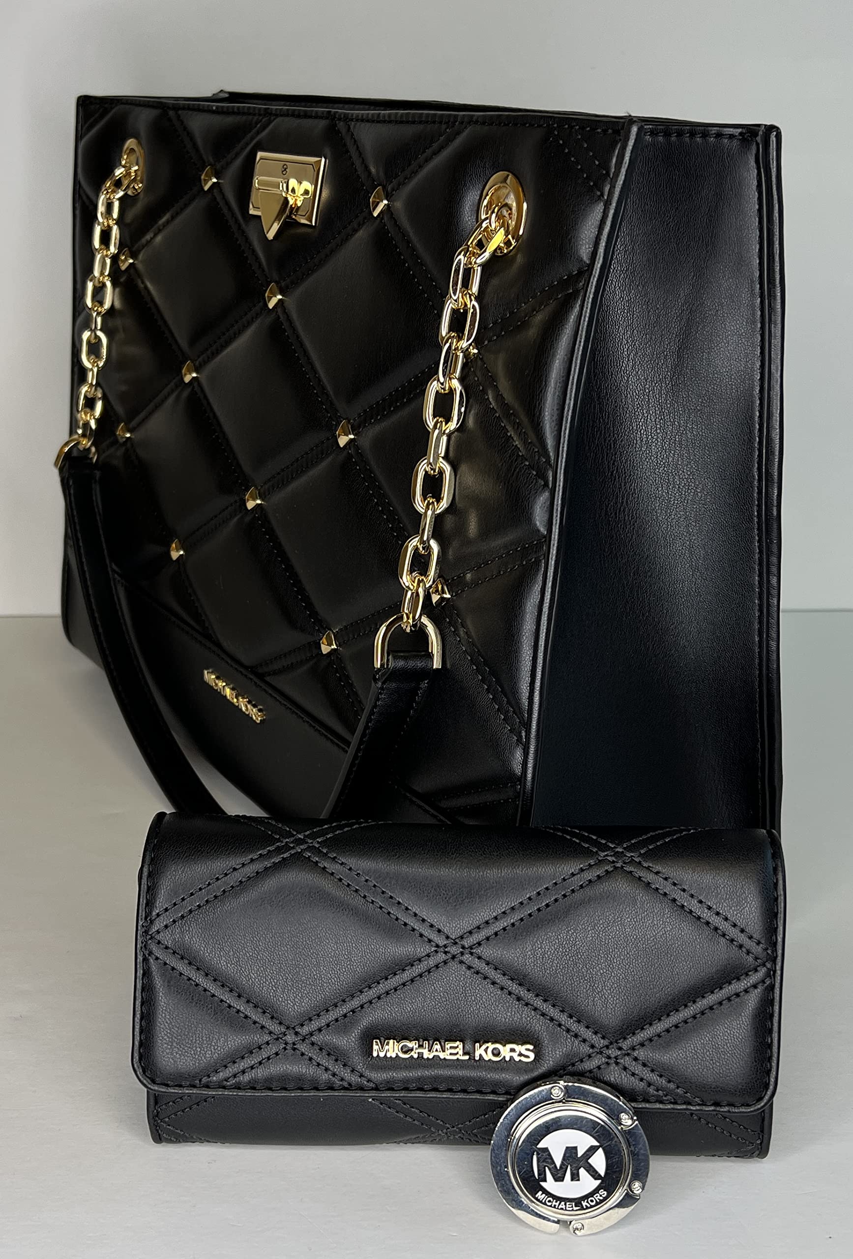 Michael Kors Serena LG EW Chain Shoulder Tote bundled with Trifold Wallet and Purse Hook (Black)