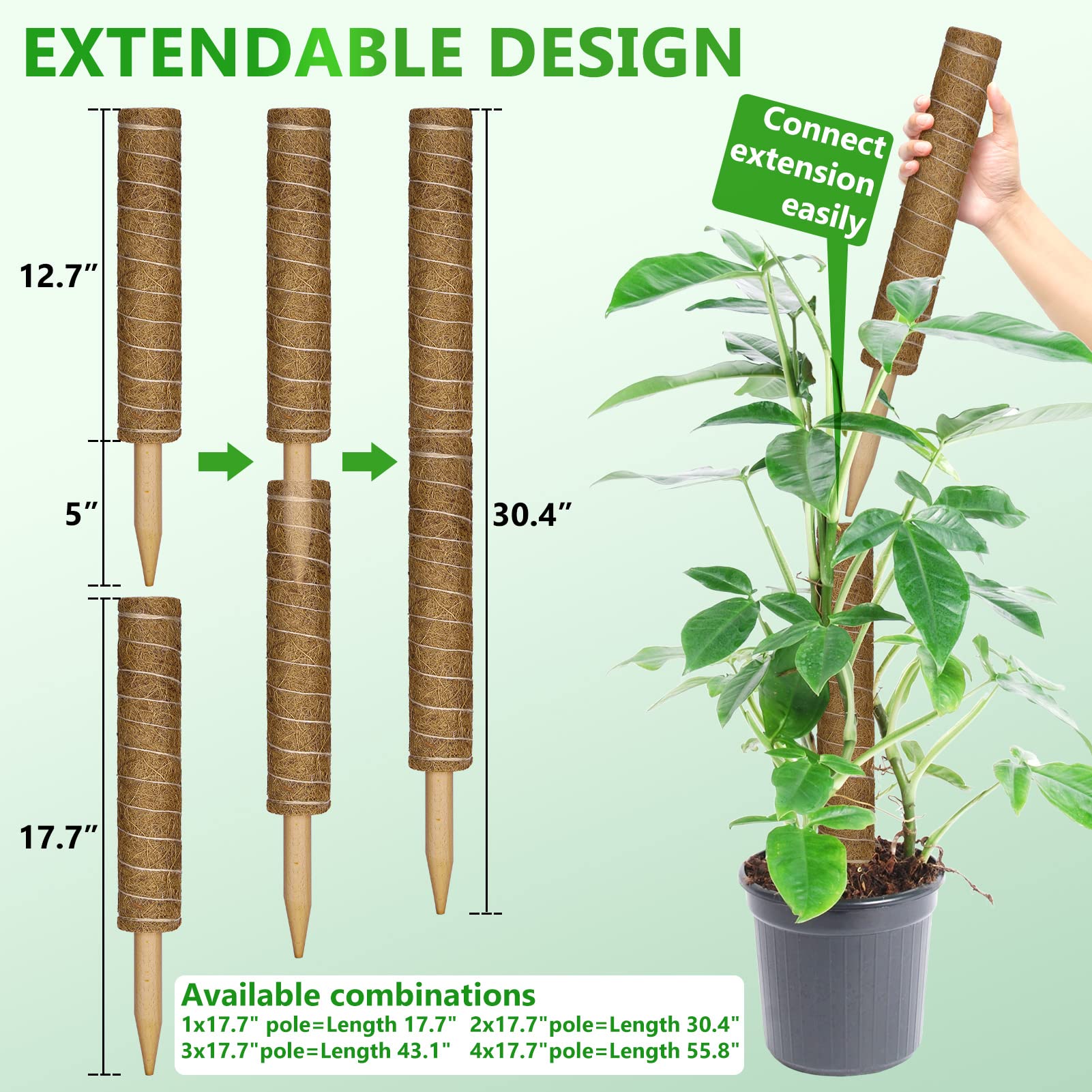 Moss Pole 56 Inch, 4 Pcs Moss Pole Monstera Plant Support, 17.7 Inch Coir Totem Pole Moss Stick for Climbing Plants Indoor Monstera Extension, Train Potted Creepers to Grow Upwards, 65 Feet Twist Tie