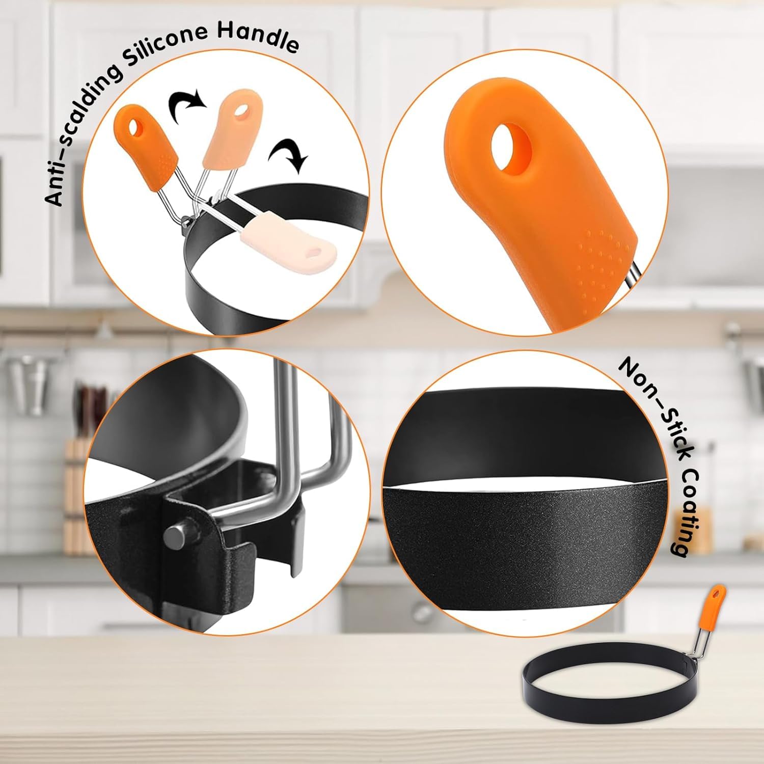 Srinlon Professional Pancake Ring Set,6 Packs Omelette Ring,Non-stick Griddle Pancake Shapers with Oil Brush,Stainless Fried Egg Molds with Orange Anti-scald Silicone Handle,Egg Mold