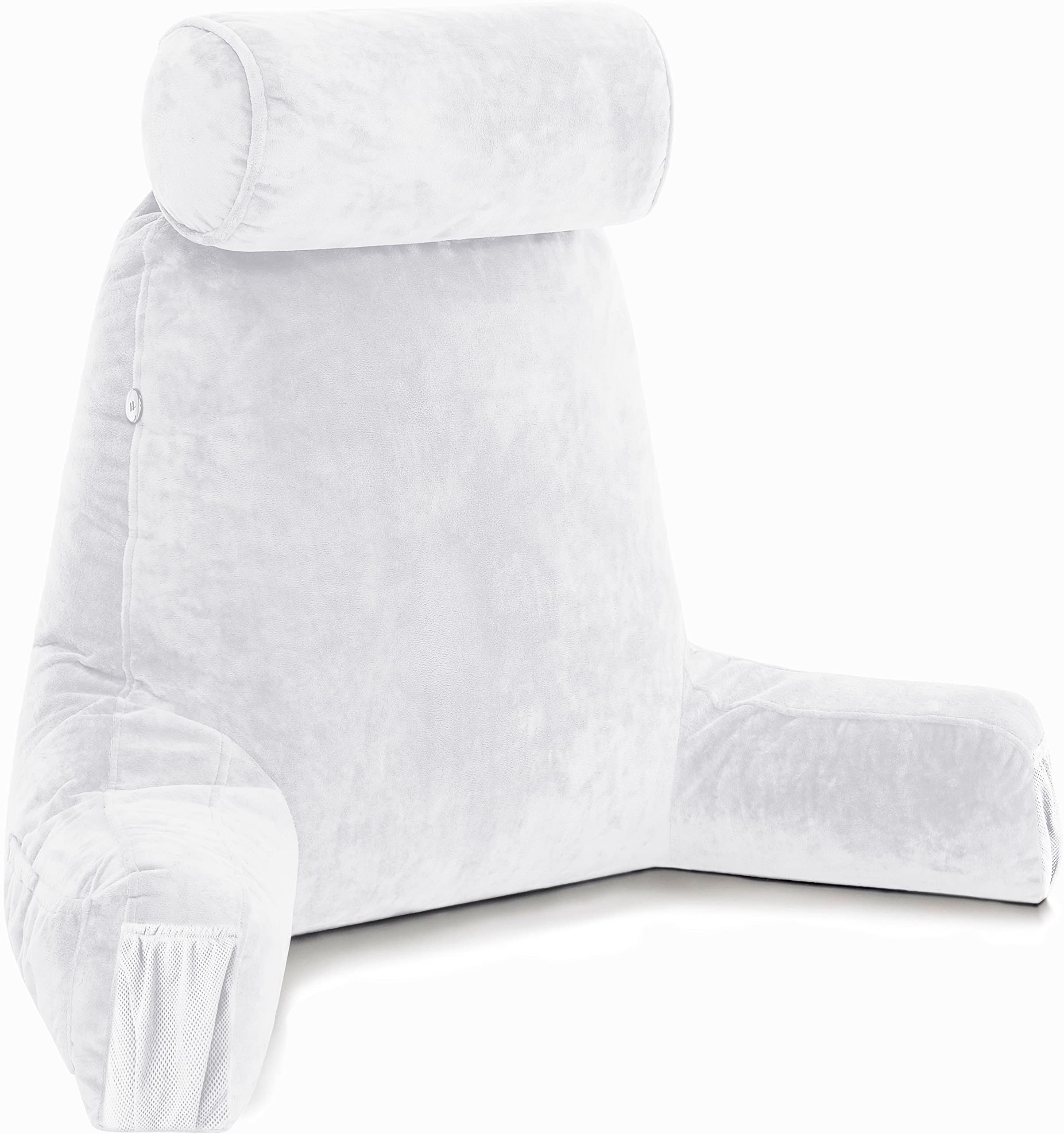 Husband Pillow Combo - Backrest Pillow with Arms : Medium White & Foldable Laptop Tray : Brown - Memory Foam Reading Pillows for Bed w/Removable Neck Roll & Laptop Bed Tray Table