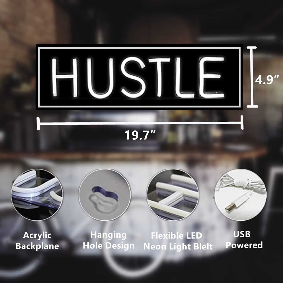 HUSTLE LED Neon Sign Novelty Light Wall Art Decorative Wall Hanging Sign for Bedroom Living Room Kid’s Room Party Home Decor Neon Night Light USB Powered Large 19.7x4.9” White