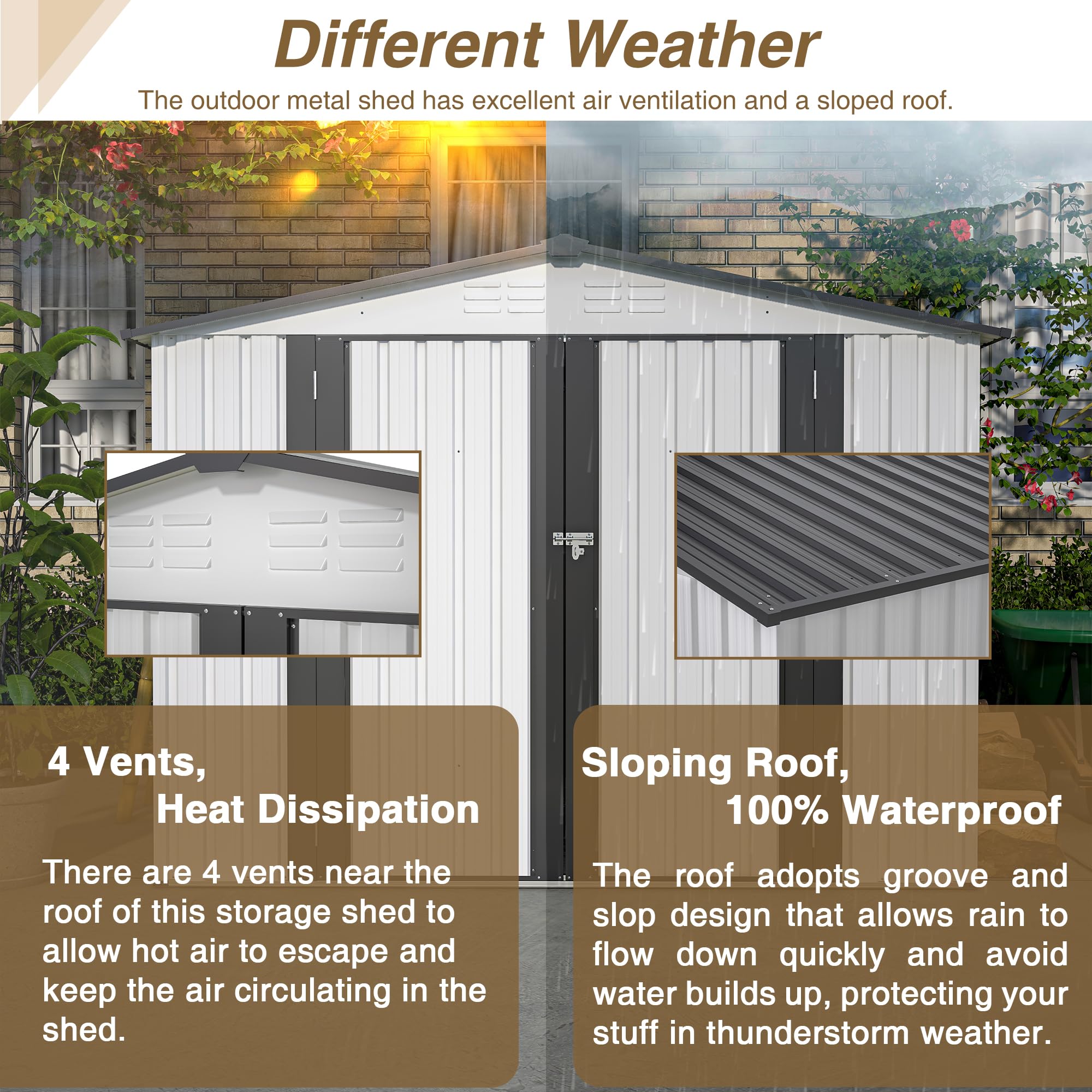 SPOWAY 8 x 6 FT Outdoor Storage Shed, Metal Storage Shed with Swinging Double Lockable Doors, Waterproof Outdoor Galvanized Steel Garden Shed for Backyard, Patio Lawn and Outside Use, White