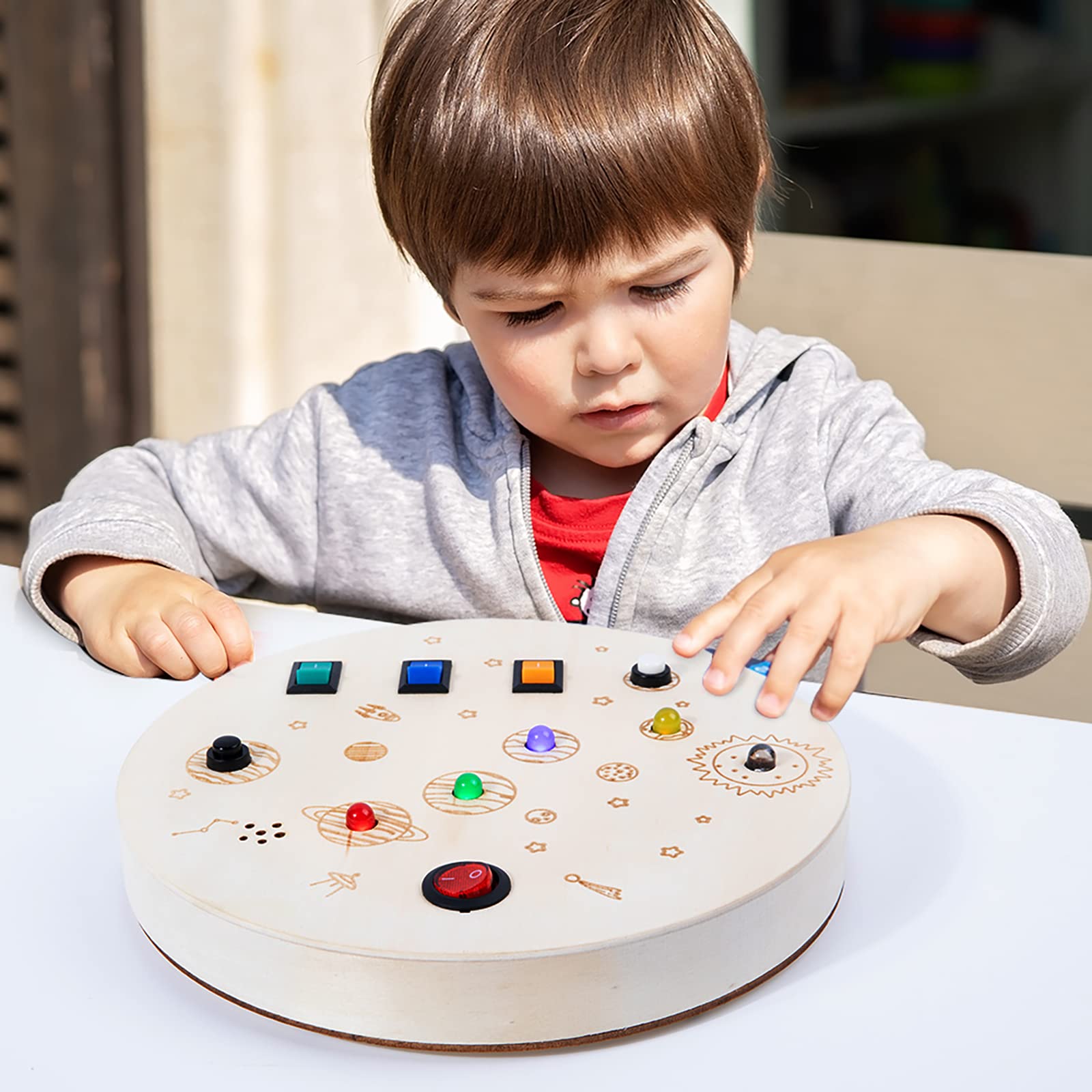 MICKYU Wooden Montessori Sensory Busy Board Toys with Led Light for 1 2 3 Year Old Toddlers Boys