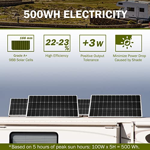 HQST 4PCS 9BB Cell 100W Solar Panel 12V 400 Watt Monocrystalline Solar Panels High-Efficiency Module for RVs Motorhomes Cabins Marine Boat Off-Grid