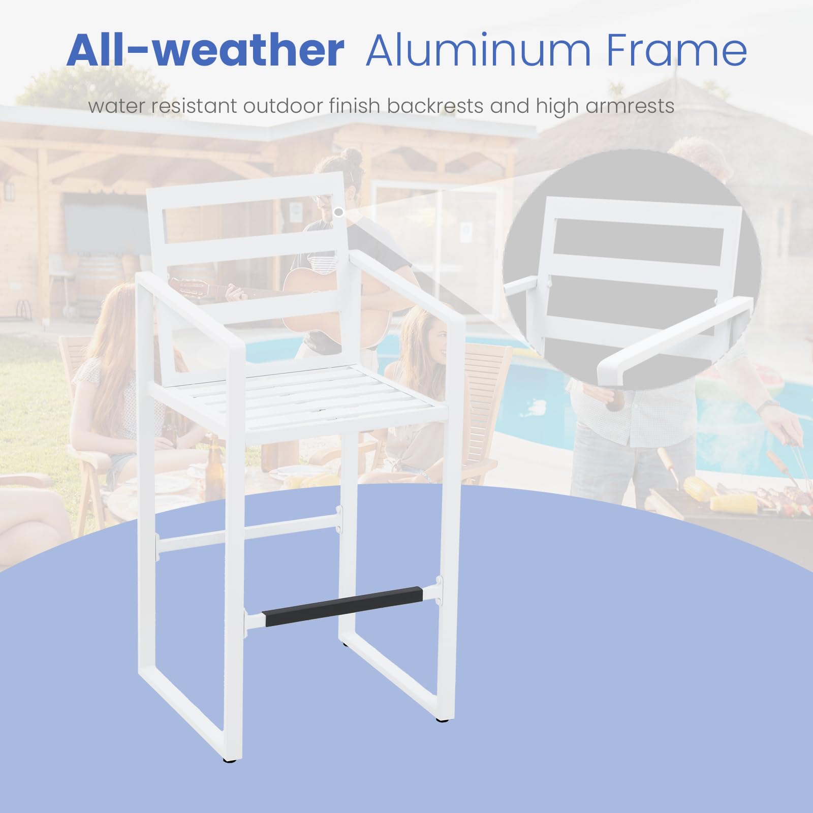 SUNSITT Outdoor Bar Stools Set of 4, All-Weather Aluminum Barstools Bar Height Patio Chairs w/Cushions & Footrest for Backyard Balcony Pool Lawn, White