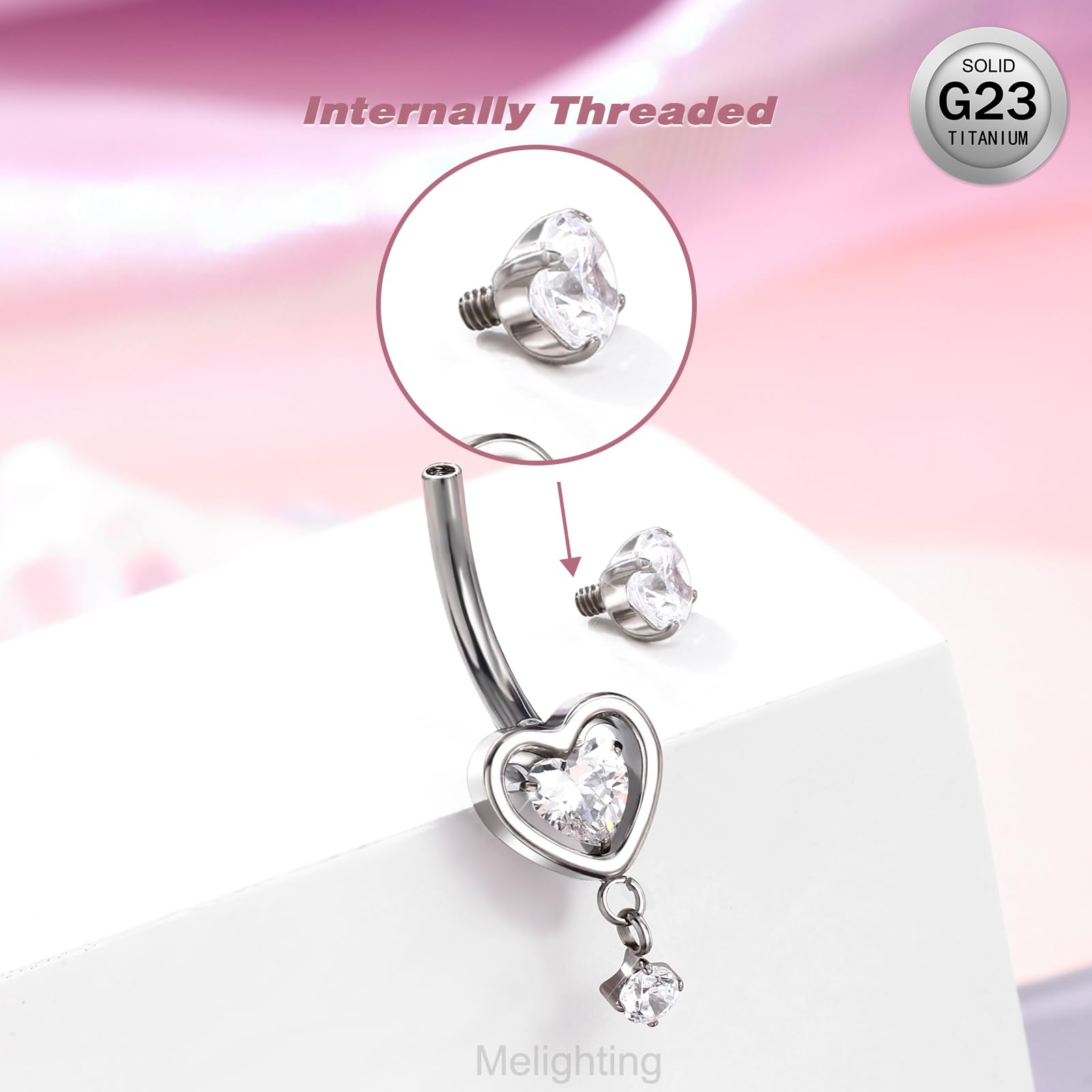 Melighting Heart Titanium Belly Button Ring Internally Threaded 14G Dangle Belly Ring Belly Piercing Jewelry Titanium G23 Naval Ring Clear Cz Body Piercing Jewelry