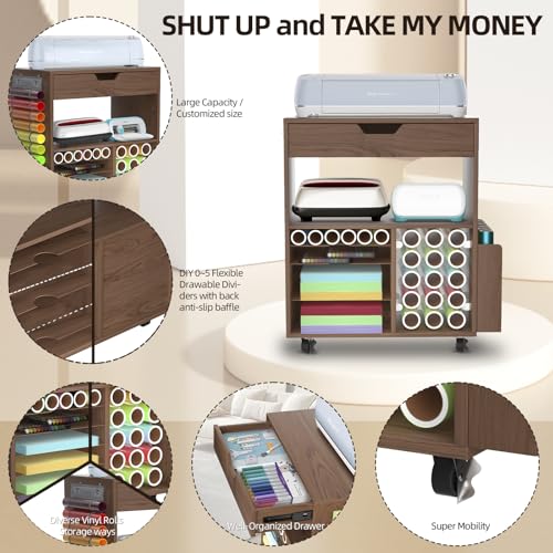 Storage Cart Organizer Compatible with Cricut Machines,Rolling Craft Cart with Extra 12 Vinyl Roll Holders,Crafting Organizer Desk Cabinet Workstation for Craft Room Home