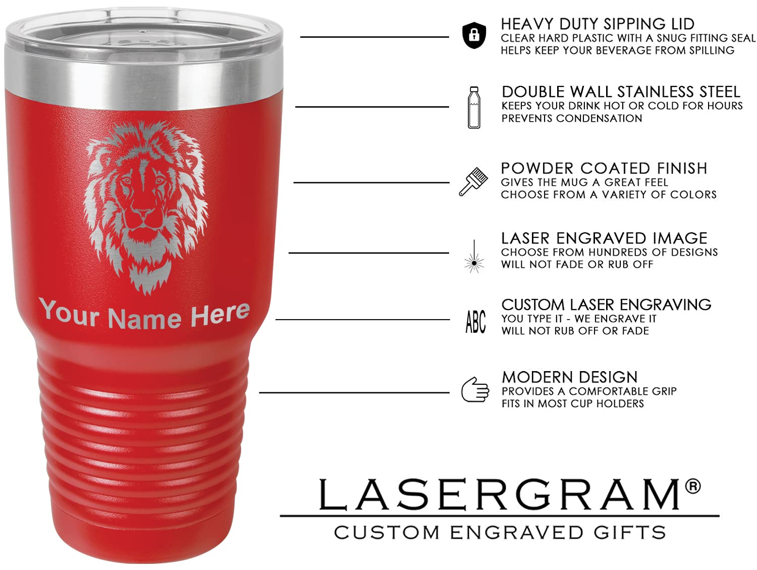 LaserGram 30oz Vacuum Insulated Tumbler Mug, Grad Cap Class of 2023, 2024, 2025, 2026, 2027, Personalized Engraving Included (Red)