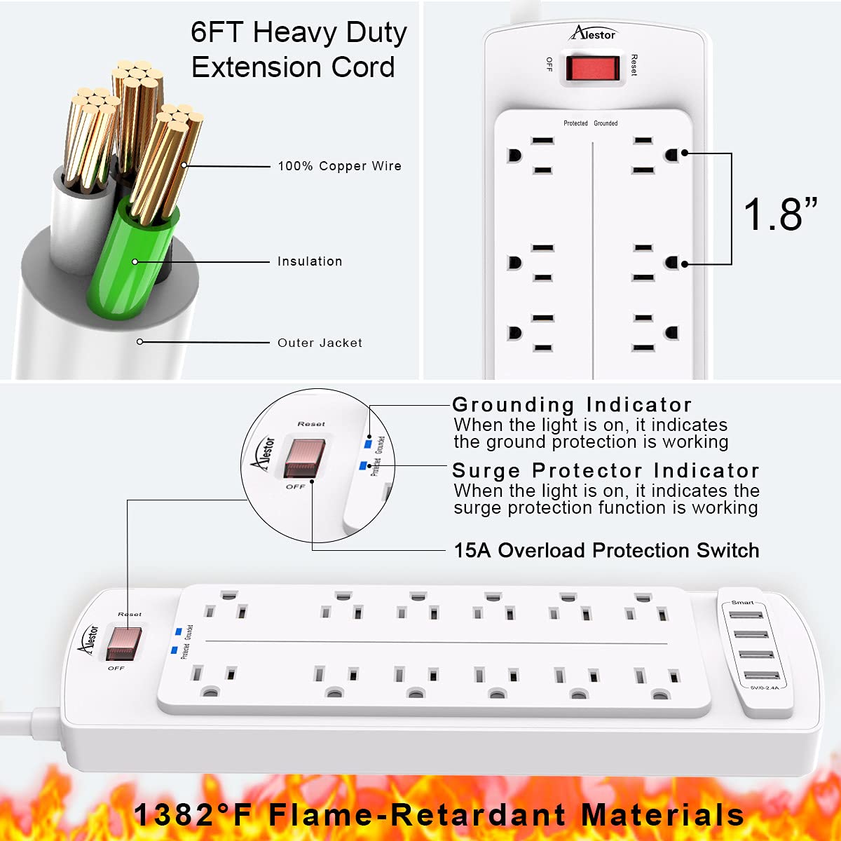 Power Strip,ALESTOR Surge Protector with 12 Outlets and 4 USB Ports, 6 Feet Extension Cord (1875W/15A) for for Home, Office, Dorm Essentials, 2700 Joules, ETL Listed (White)…