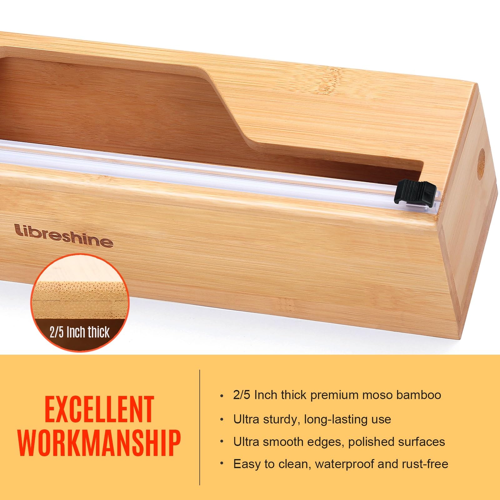 Libreshine Long Foil and Plastic Wrap Organizer with Cutter, Holder for 15 Inch Parchment Paper Roll, Bamboo Wall Mount Kitchen Wrap Dispenser