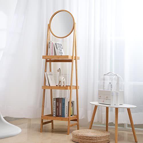 Proman Products Vega 3-Tier Bamboo Shelf Rack with Mirror ST17163, 17" W x 14" D x 64" H, Natural