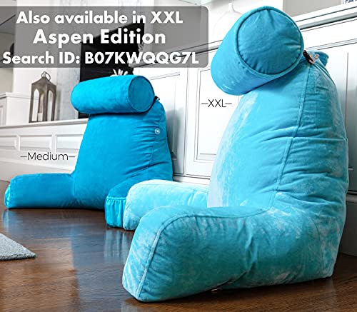Husband Pillow Combo - Backrest Pillow with Arms : Medium Rodeo Blue & Foldable Laptop Tray : Brown - Aspen Memory Foam Reading Pillows for Bed w/Removable Neck Roll & Laptop Bed Tray Table