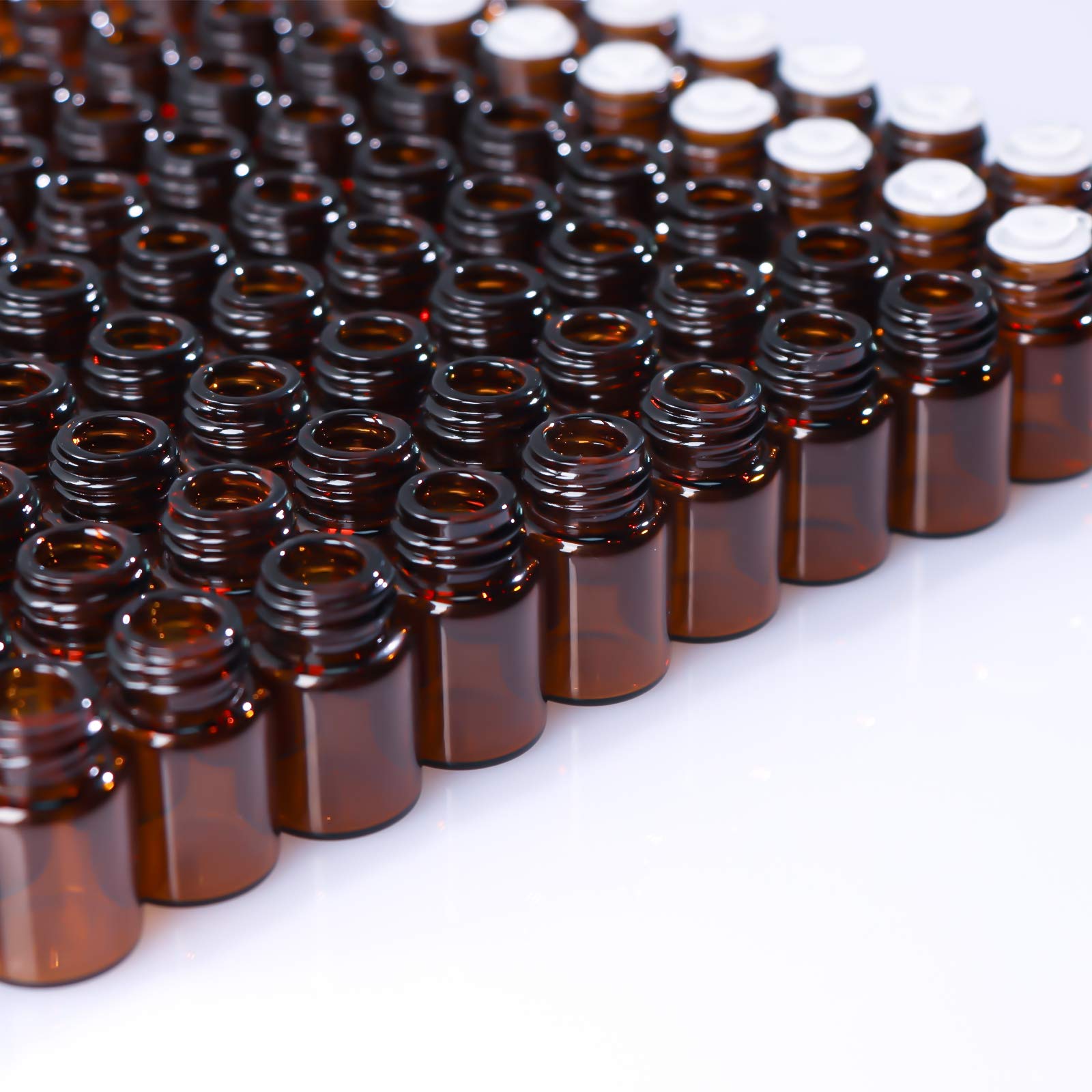 HWASHIN 100 Pack 2ml (5/8 Dram) Amber Mini Glass Essential Oils Sample Bottles with Black Caps for Essential Oils, Perfumes & Lab Chemicals (30ml Measuring Cup and 5 Droppers Included)