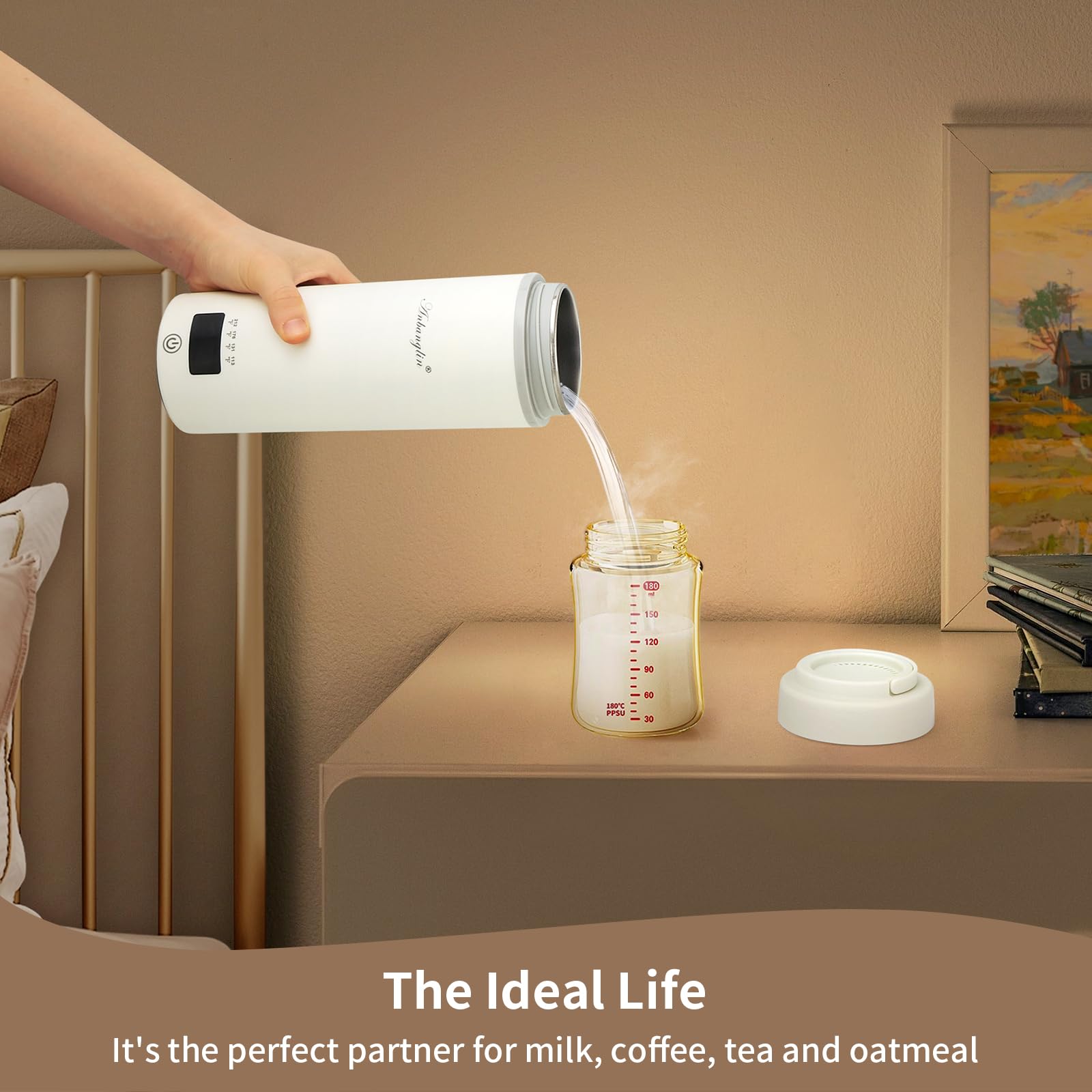 Portable Bottle Warmer for Travel, 17 Oz Milk Warmer, 4 Temperature Control & Auto Shut-Off, Fast Boil Hot Water Warmer, Perfect for Travel&Hotel Use,Electric Kettle with Handy(White,Non-Rechargeable)
