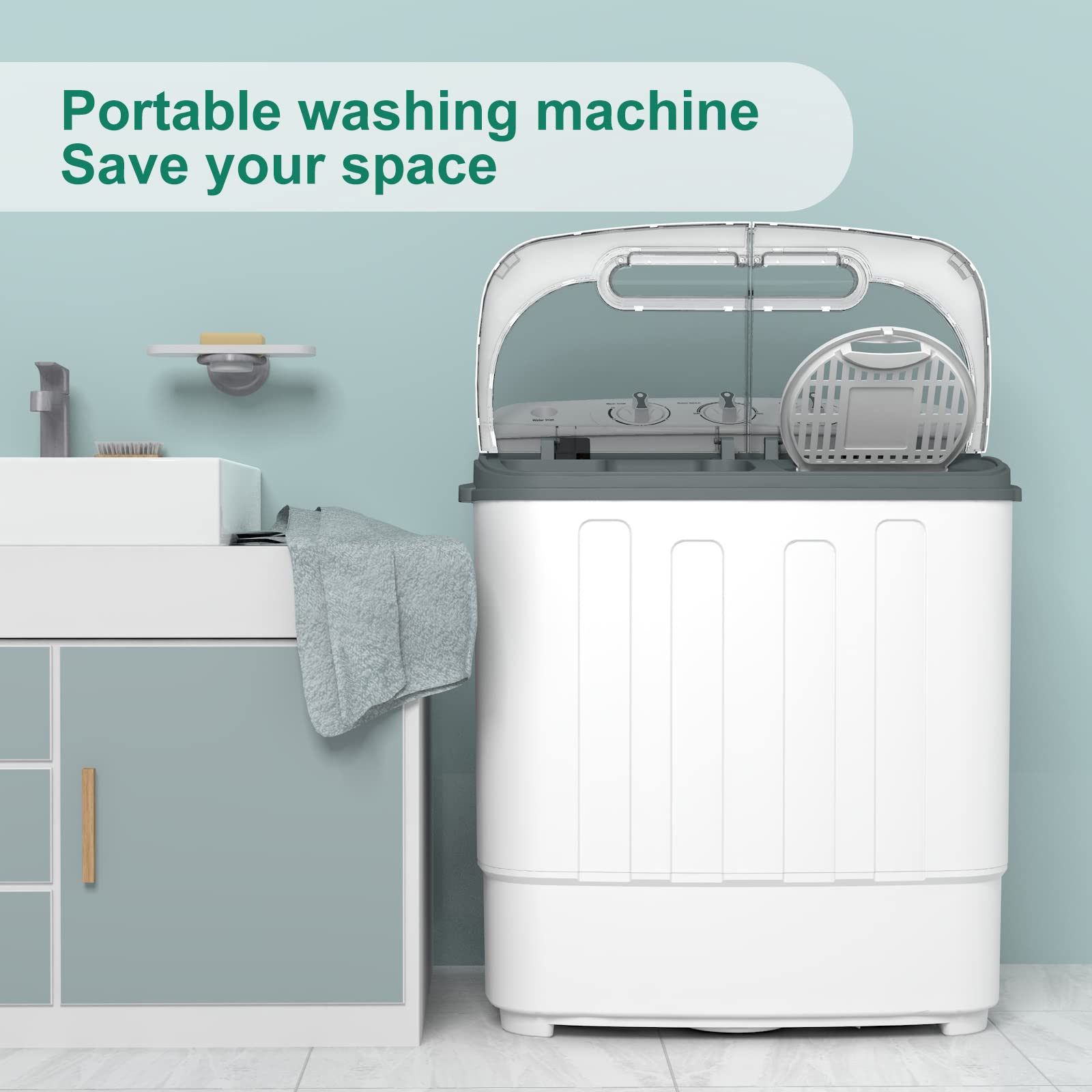 HIGOSPRO Portable Mini Washing Machine, 17 Lbs Capacity Washer and Spinner Combo, 2 in 1 Compact Twin Tub Laundry, Washer& Spinnerwith Built-in Gravity Drain Pump, Ideal for Apartmen, Dorms