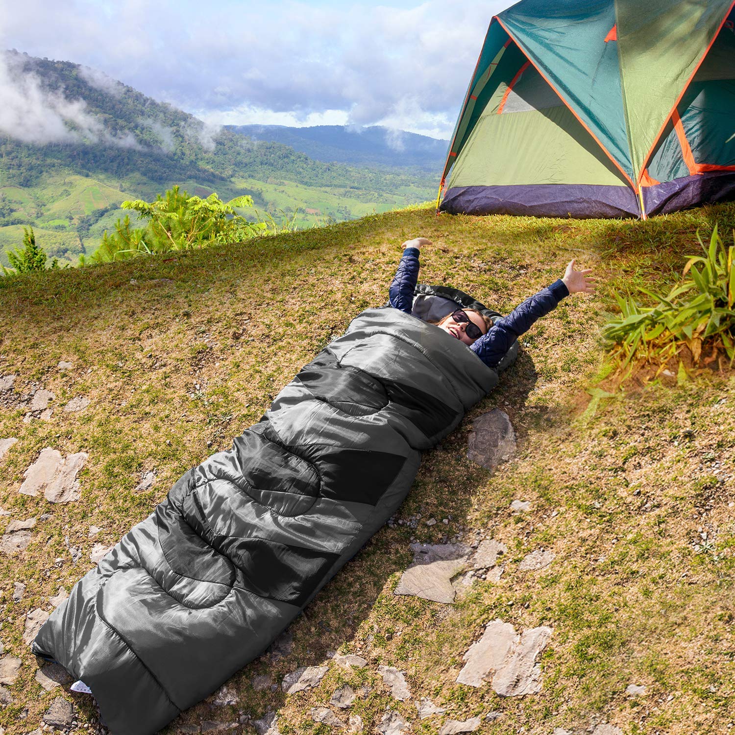 HiHiker Camping Sleeping Bag + Travel Pillow w/Compact Compression Sack β 4 Season Sleeping Bag for Adults & Kids β Lightweight Warm and Washable, for Hiking Traveling & Outdoor Activities (Gray)
