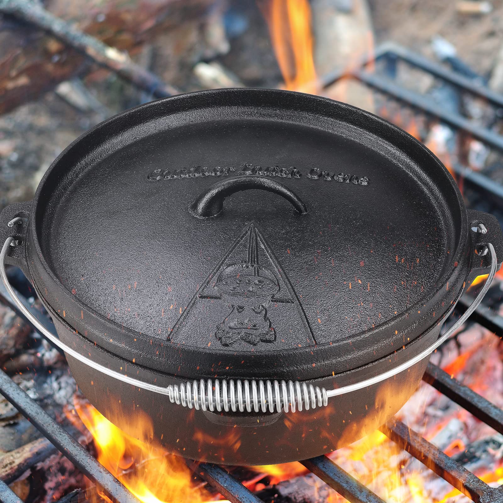 LIFERUN Dutch Oven Pot with Lid, 12 Quart Cast Iron Dutch Oven, without Feet, with Stand & Spiral-shaped Handle, Cast Iron Pot for Outdoor & Indoor