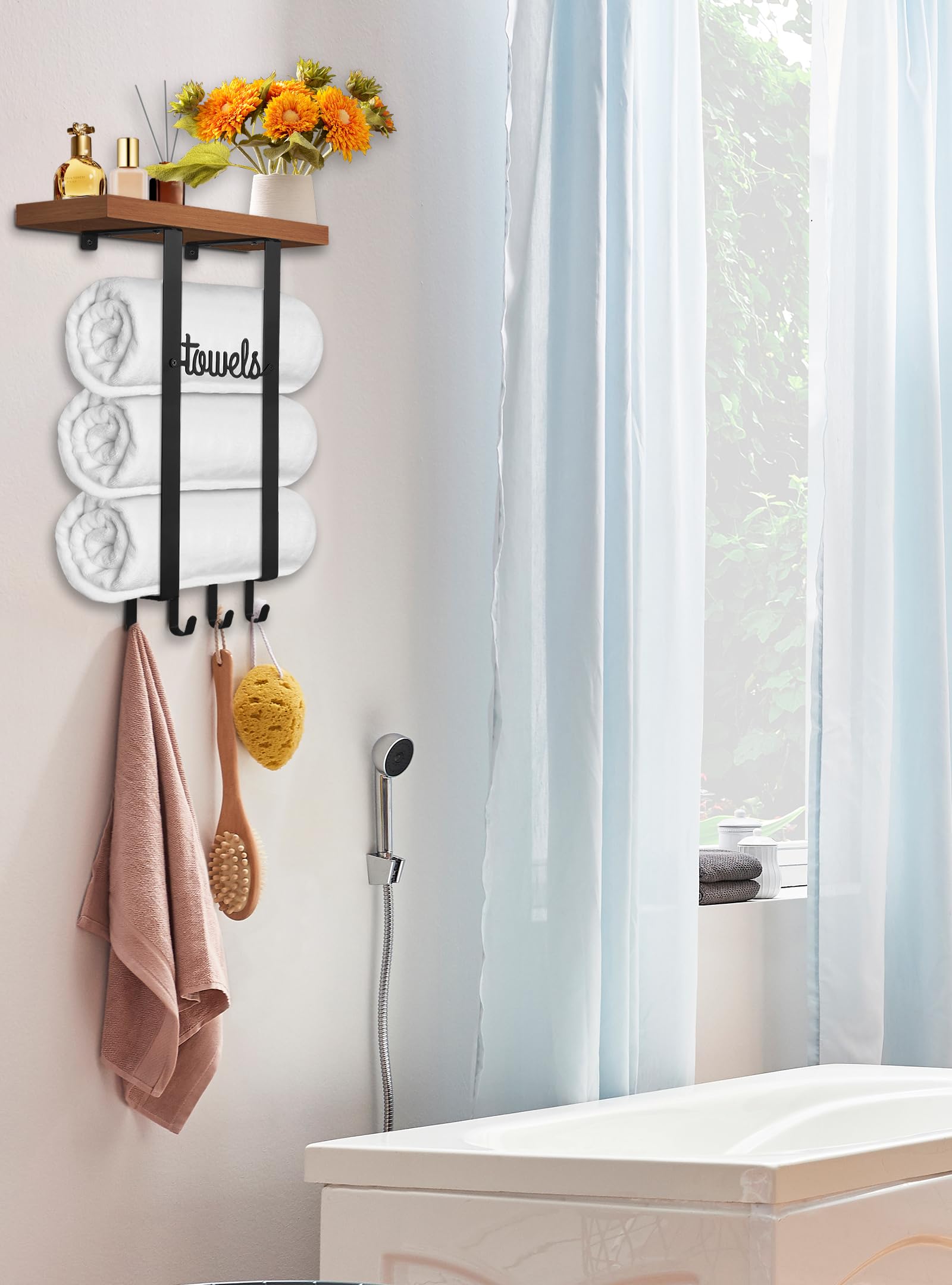 Towel Holder Bathroom Storage with Wooden Shelf and 4 Hooks Towel Rack Wall Mounted for Rolled Towels Towel Organizer for Narrow Bathroom Accessories and Decor