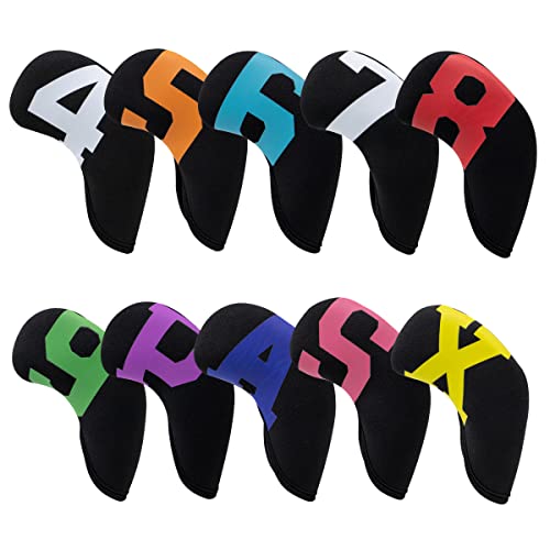 Large Number Neoprene Golf Iron Covers Set - Club Head Covers - Golf Iron Club Protective Headcovers for Callaway, Ping, Taylormade, Cobra, Mizuno- Black with Colorful Number Iron Covers