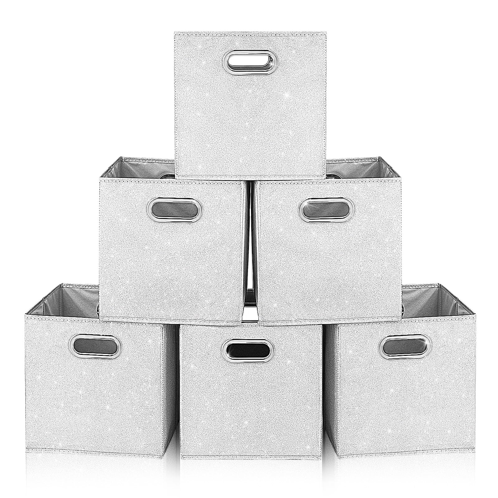 Tioncy 6 Pcs Silver Storage Cubes Shiny 11 x 11 x 11 Inch Storage Basket with Handles Collapsible Storage Bins Container Fabric Large Toys Clothes Organizer Box for Home Desktop Closet Shelf