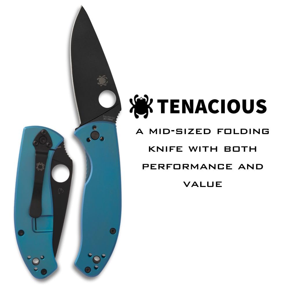 Spyderco Tenacious Folding Utility Pocket Knife with 3.35 In R.I.L. Blue Titanium Black Blade and Durable Handle - Everyday Carry - PlainEdge - C122TIBLBKP