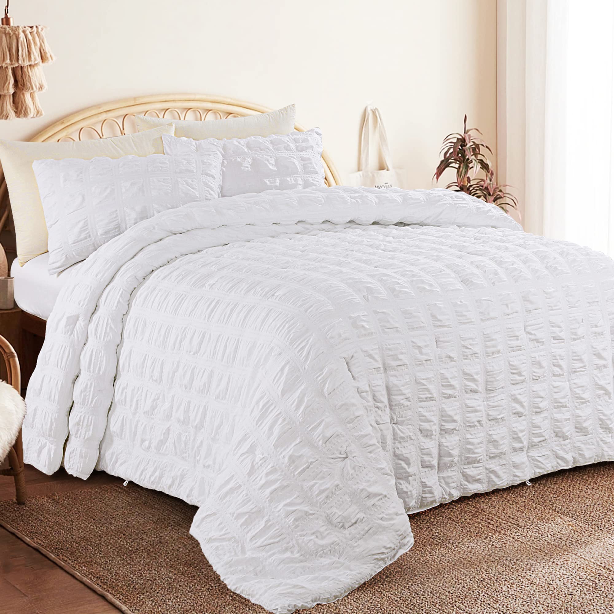HOMBYS 120x120 Oversized King Seersucker White Comforter Set, Textured Boho Bedding Comforter for California King Bed, Shabby Chic Beding Sets with 2 Matching Pillow Cases