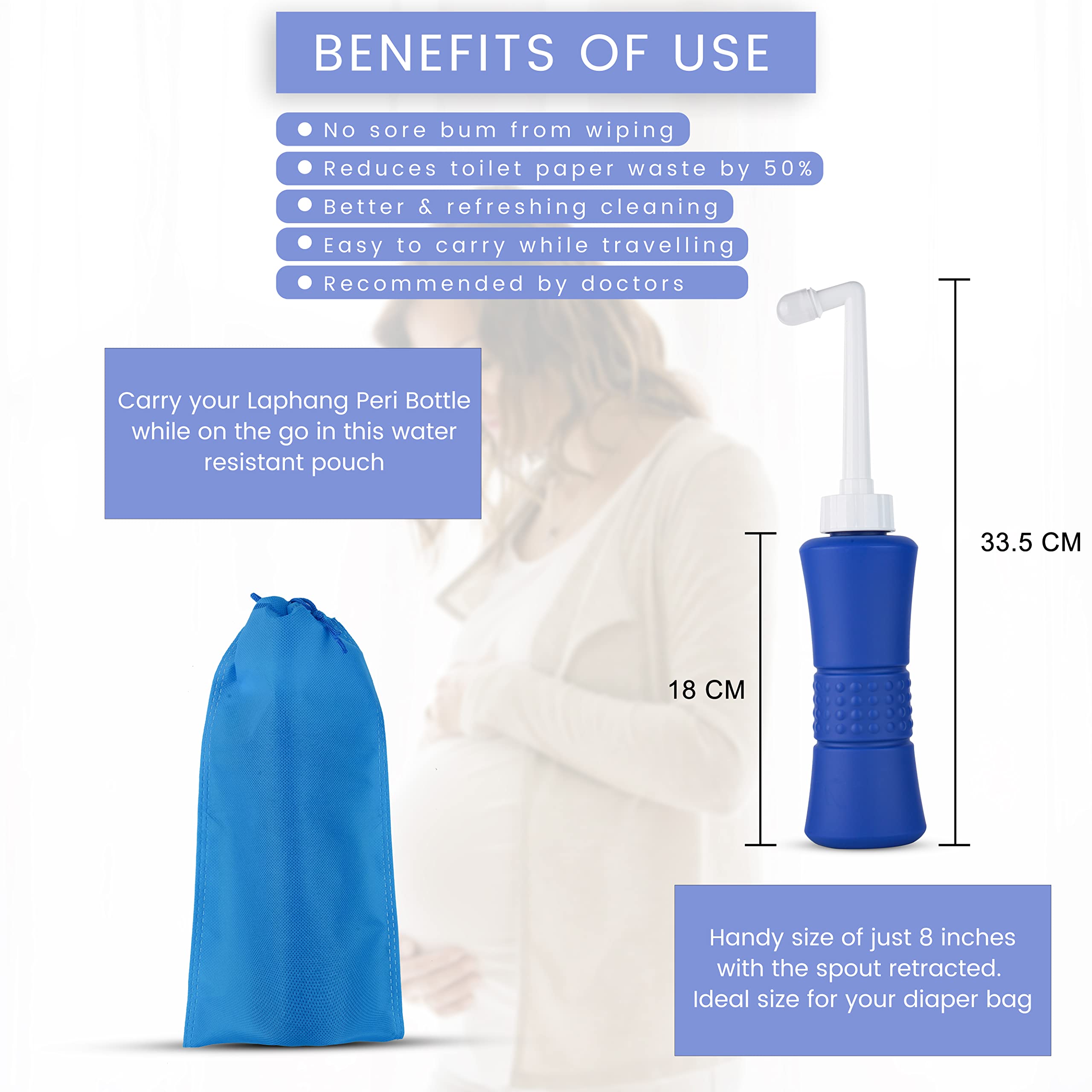 laphang Portable Bidet 500ml Blue Peri Bottle with Waterproof Pouch and Cap – PP + TPR, Leak Proof & Scratch Resistant –Perineal Bottle for Postpartum Hemorrhoids Healing, Maternity Kit Essentials