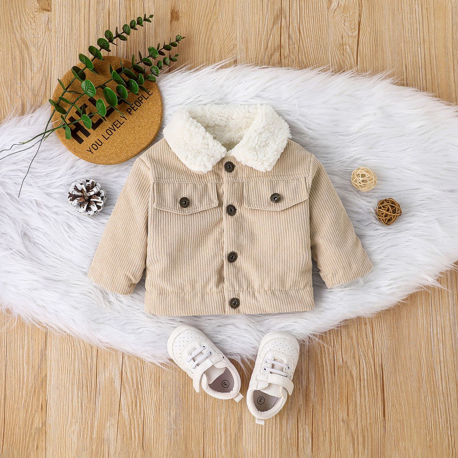 Noubeau Baby Boys Girls Corduroy Trucker Jacket Kids Toddler Sherpa Lined Top Lapel Button Down Thicked Warm Coat Winter Outerwear(Jacket-1,6-9 Months)