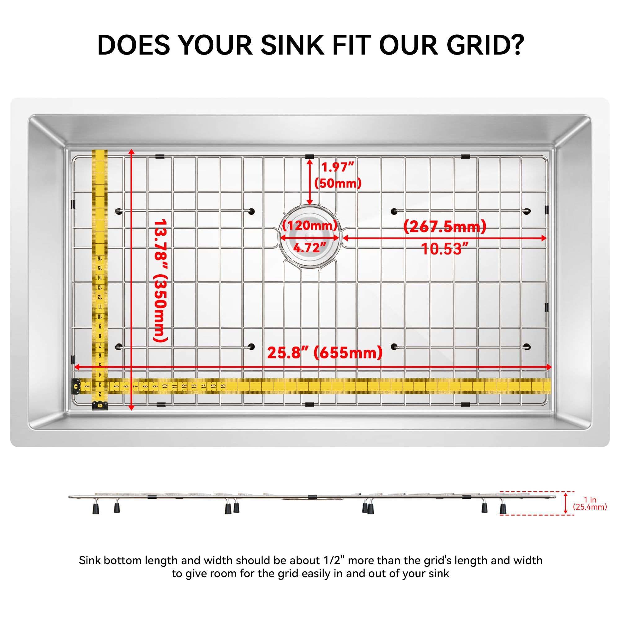 Stainless Steel Sink Grid and Protectors for Bottom of Kitchen Sink,26" x 14" Inches with Rear Drain