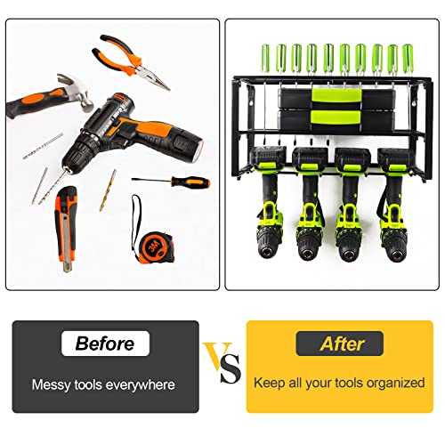 Power Tool Organizer, Drill Holder Storage Rack with Wall Mounted 4 Drill Slots 3 Layers Garage Tool Organizer Storage Wrench and Srewdriver Rack for Home and Workshop