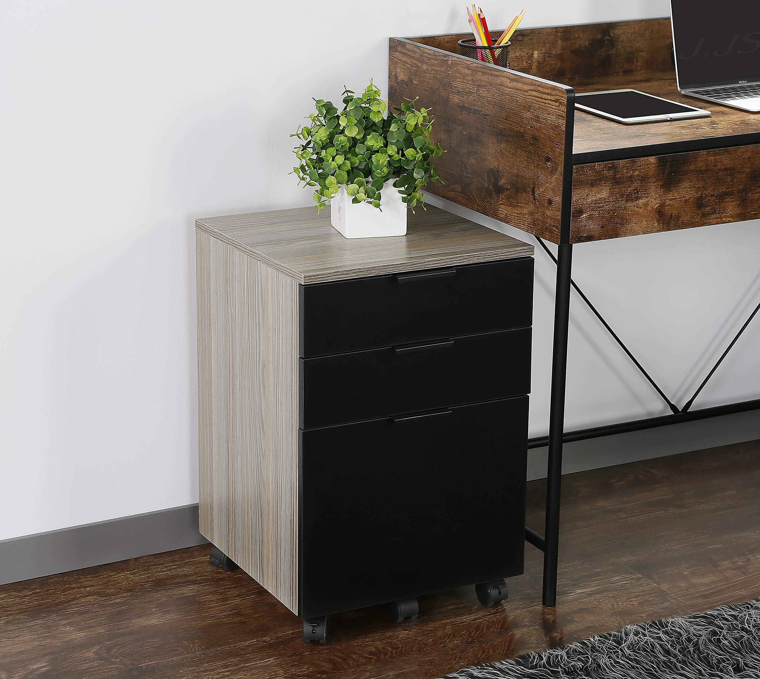 JJS 3 Drawer Rolling Wood File Cabinet with Locking Wheels, Home Office Portable Vertical Mobile Wooden Storage Filing Cabinet for Letter Size, Black