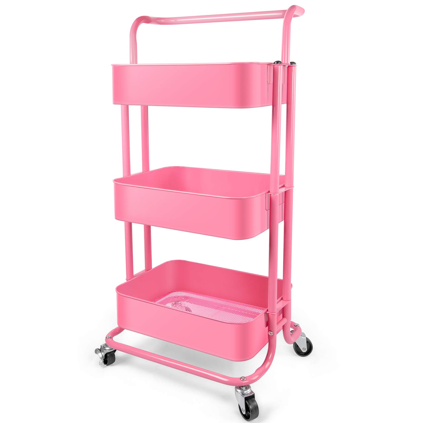 Homchwell Metal 3 Tier Utility Cart, Mesh Rolling Cart Organizer with Handle & Lockable Wheels, Multi-Functional Rolling Storage Cart for Kitchen, Bathroom, Living Room and Office
