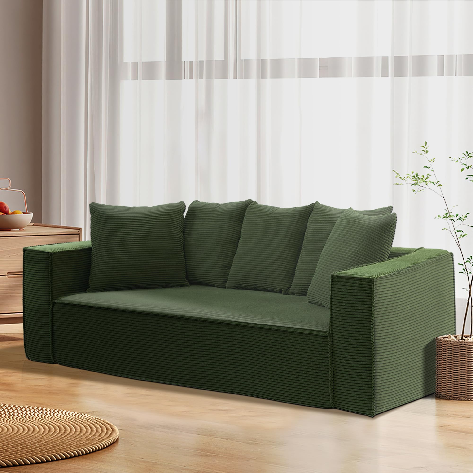 Quenvo Corduroy Sofa Couch for Living Room, Modern 3 Seater Modular Sectional Sofa with 5 Sofa Pillows, Comfy Deep Seat Sofa with Wide Armrest for Apartment Lounge, 89 Inch, Green