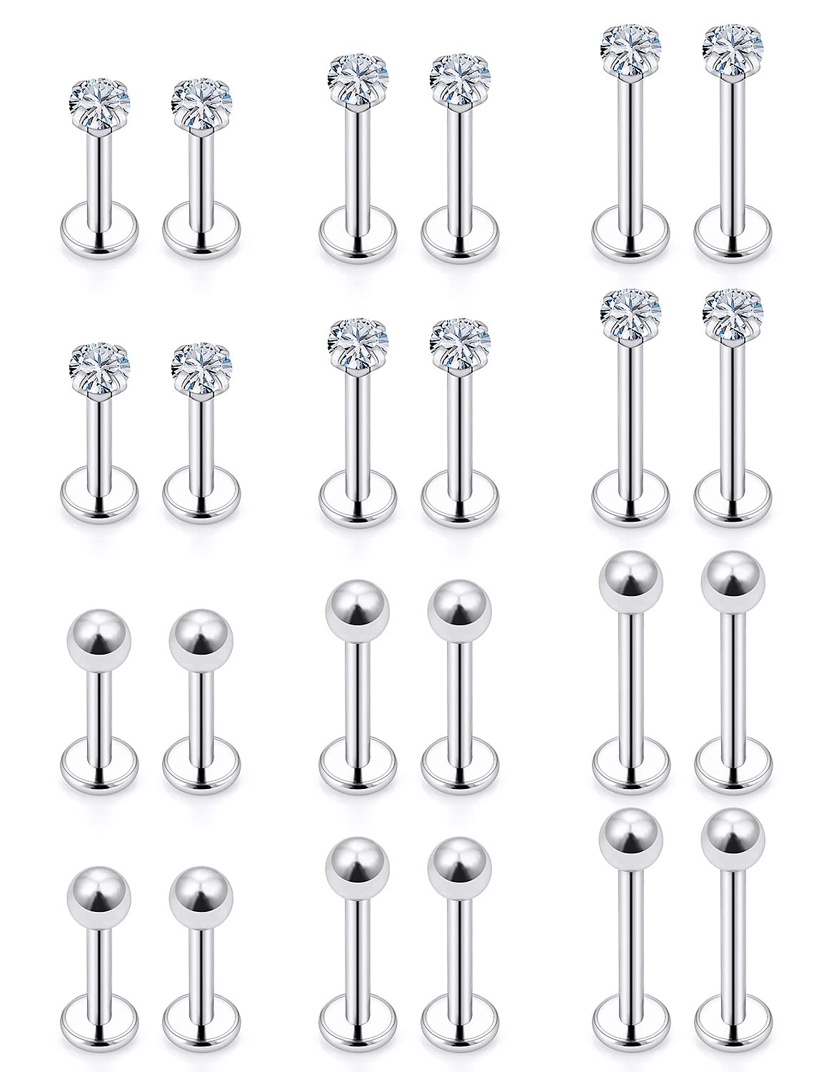 Lcolyoli 24Pcs 16G Labret Jewelry Stainless Steel Medusa Piercing Jewelry Monroe Lip Rings Different Size Tragus Nail Conch Helix Earring Stud Bar Length 6mm 8mm 10mm Silver-tone