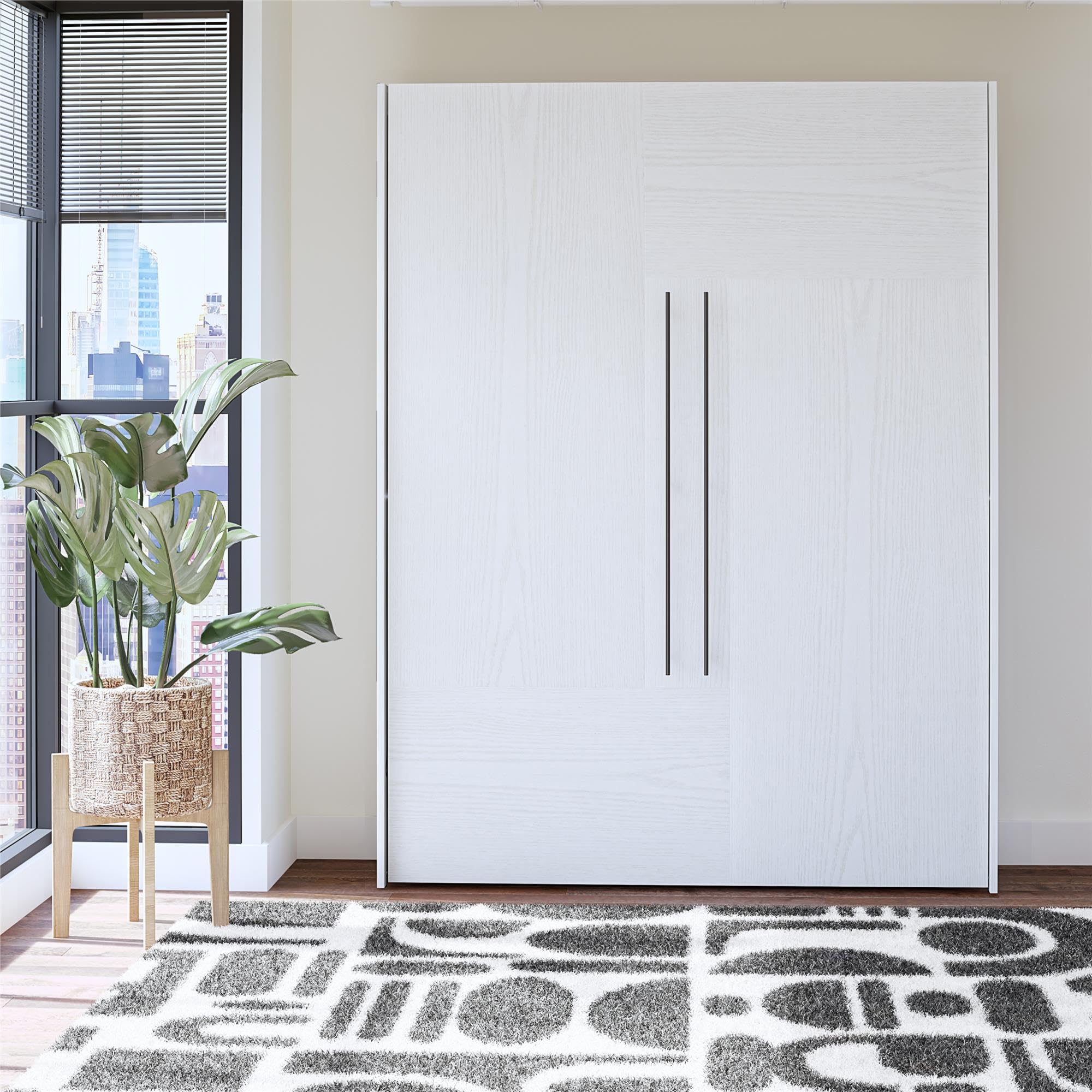 REALROOMS Fir Haven Queen Size Murphy Bed Fold Out Multifunctional Storage Wall Bed Multipurpose Space Saving Bedframe for Guest Room or Bedroom, White Pine