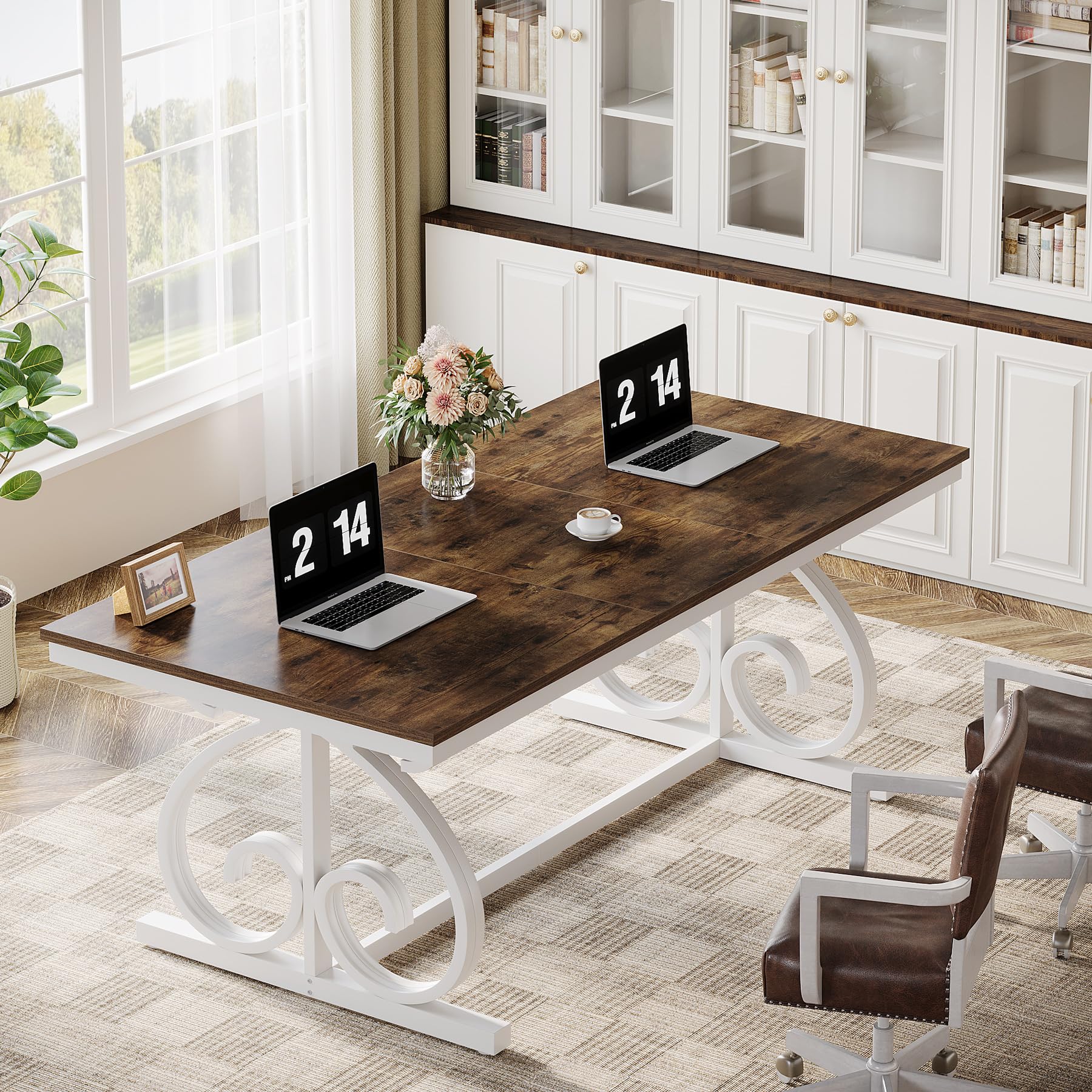 Tribesigns 63-Inch Executive Office Desk: Large Computer Desk with Metal Legs, Wood Modern Office Desk Writing Desk Workstation for Home Office, Brown + White